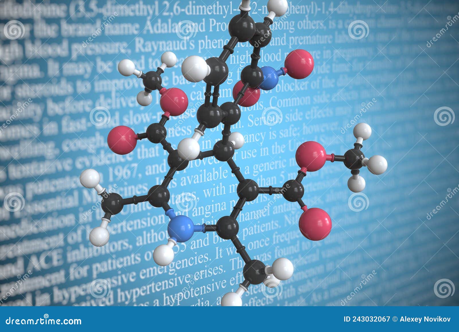 Nifedipine Scientific Molecular Model, 3D Rendering Stock Illustration ...