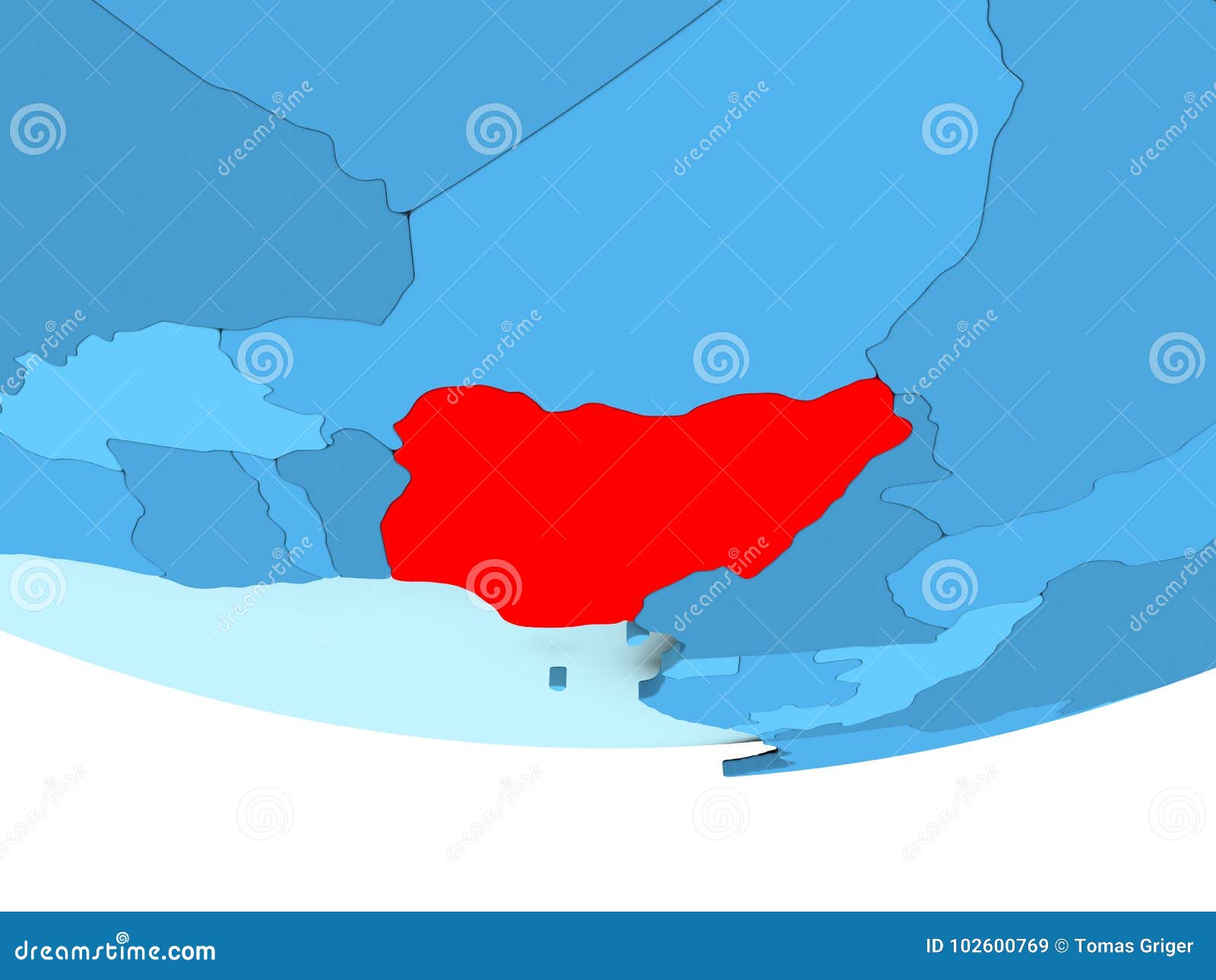 Nigeria in red on blue map stock illustration. Illustration of border ...
