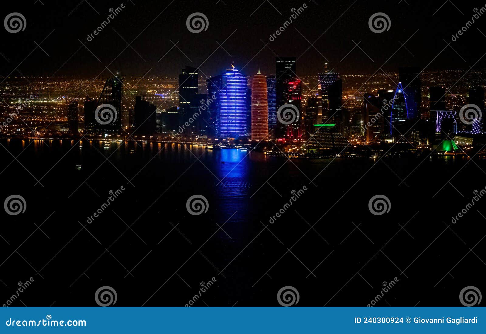 Night Aerial View of Doha Skyline from Ariplane, Qatar Stock Photo ...