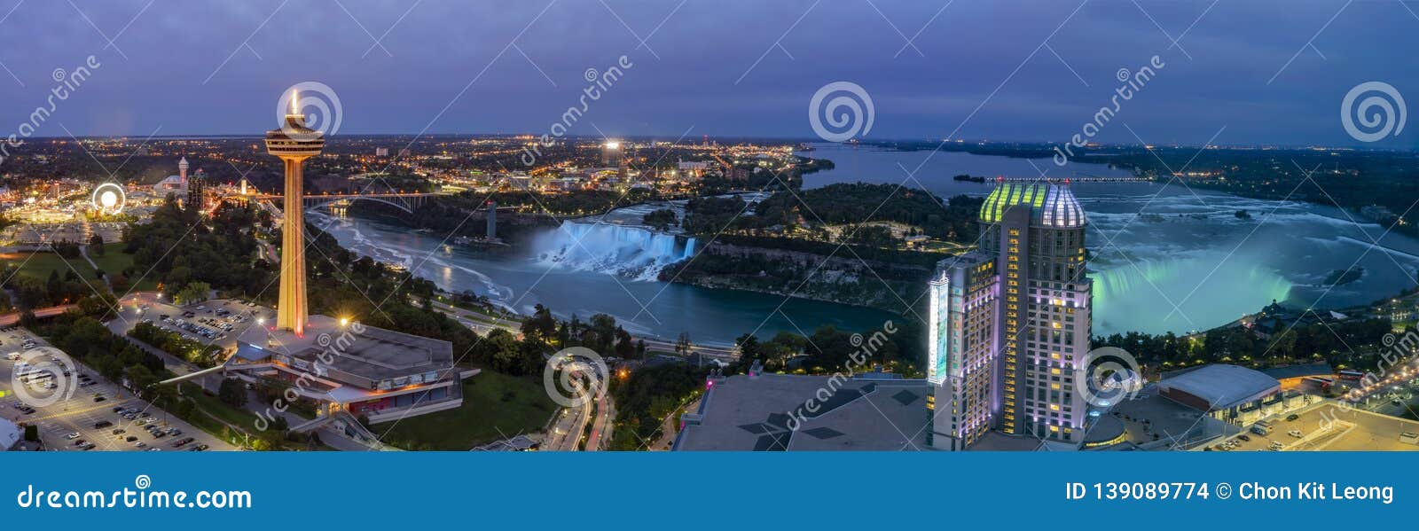 Night Aerial View of the Skylon Tower and the Beautiful Niagara Falls ...