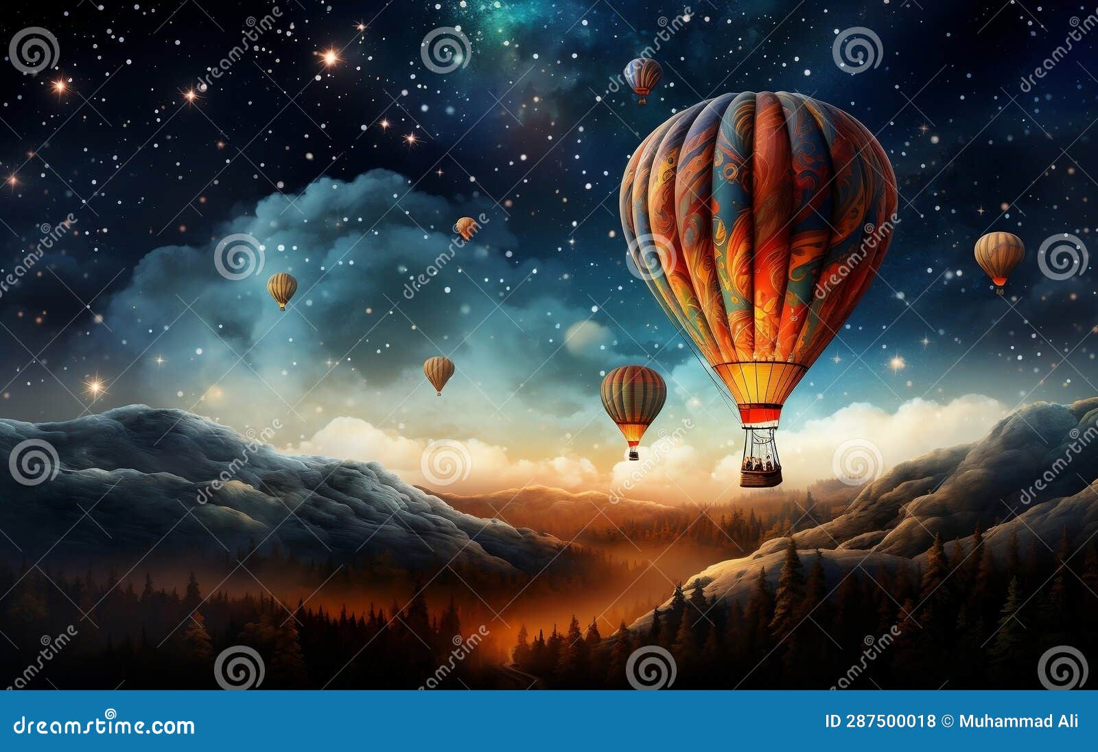 Night Air Balloon Amidst Starry Sky. Generative AI Stock Photo - Image ...