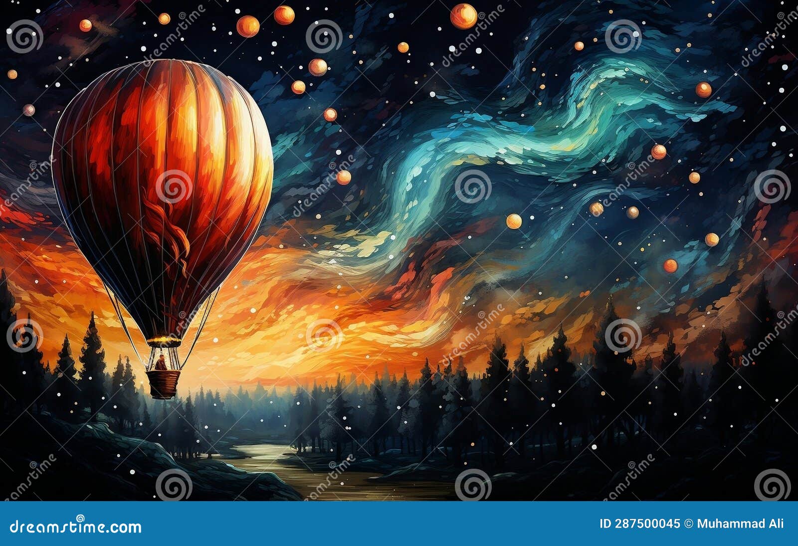 Night Air Balloon Amidst Starry Sky. Generative AI Stock Image - Image ...