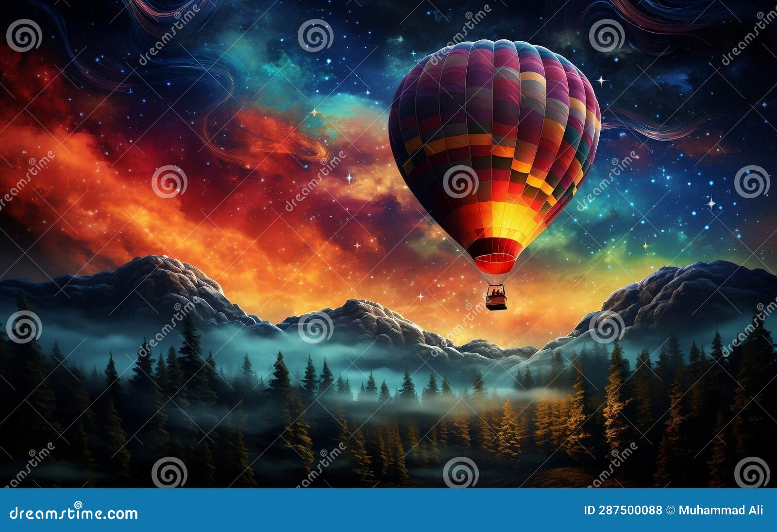 Night Air Balloon Amidst Starry Sky. Generative AI Stock Illustration ...