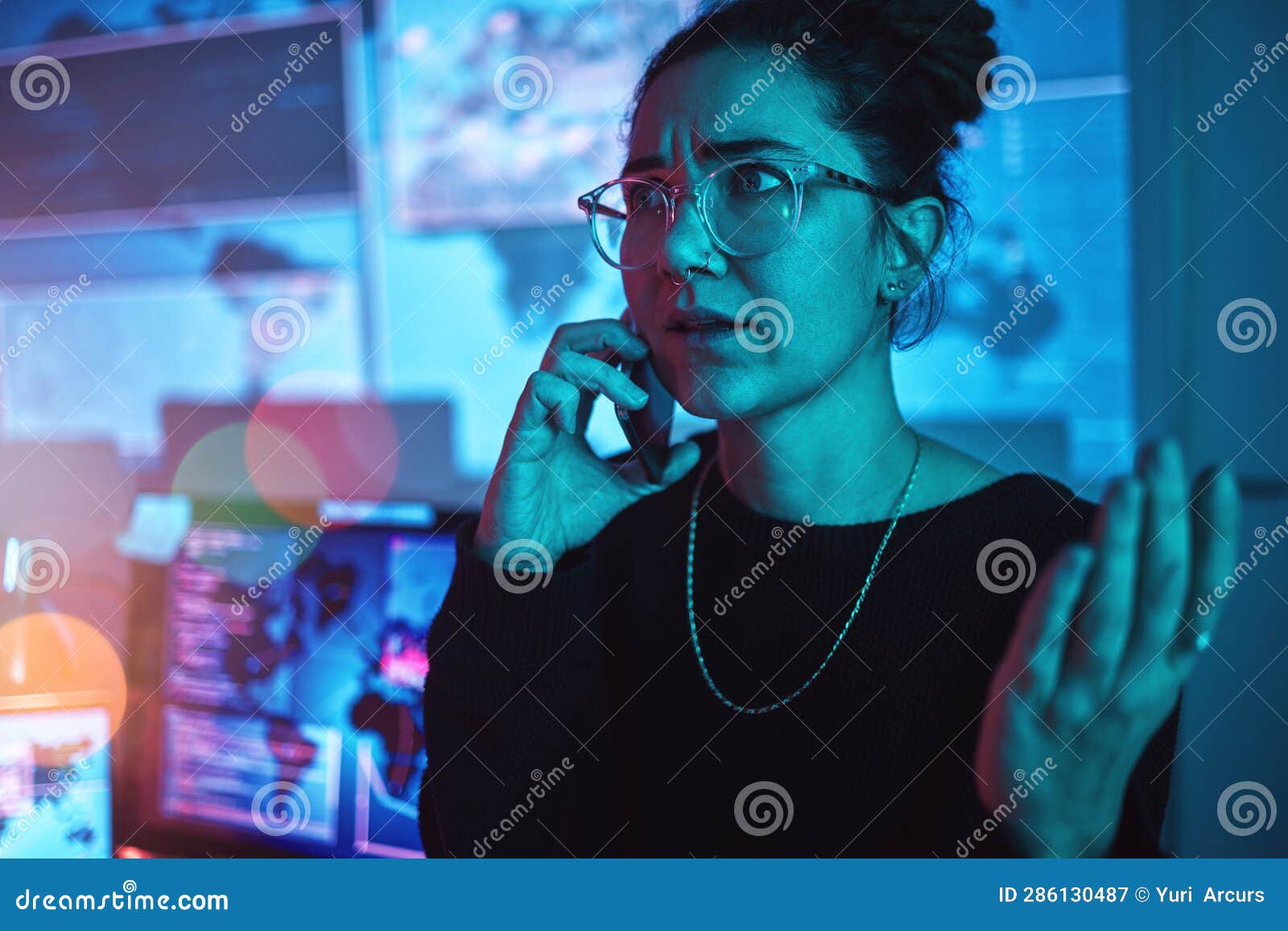 Night, Angry and a Woman Hacker on a Phone Call during a Cyber Security ...