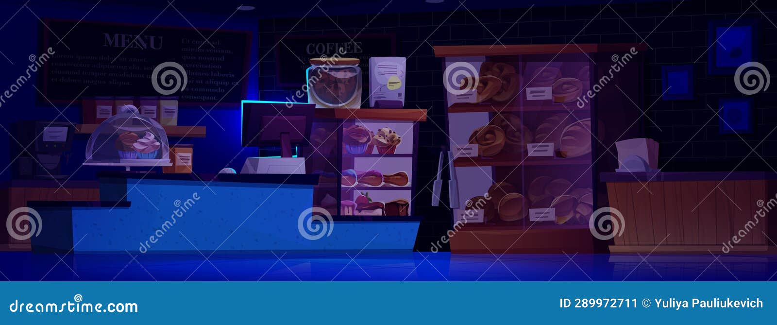 Night Bakery Counter in Cafe Store Interior Vector Stock Vector ...