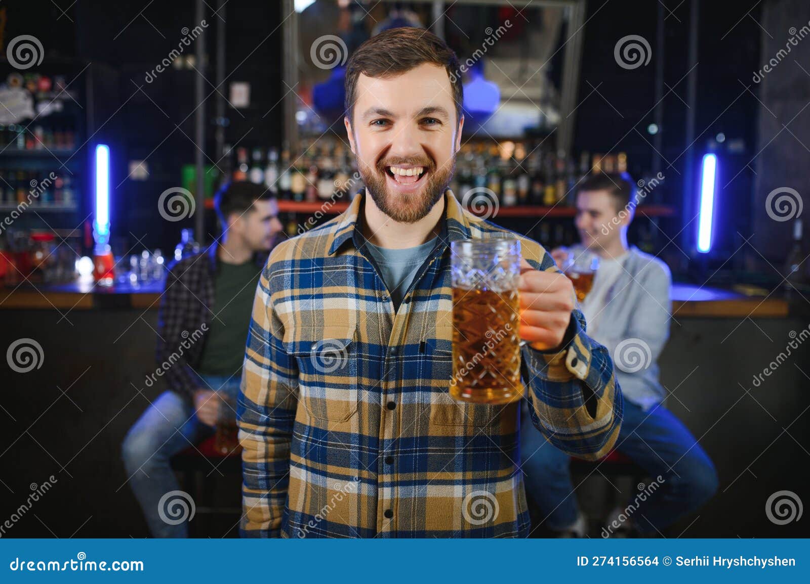Night in Bar. Portrait of Cheerful Men Drinking Beer at the Bar Stock ...