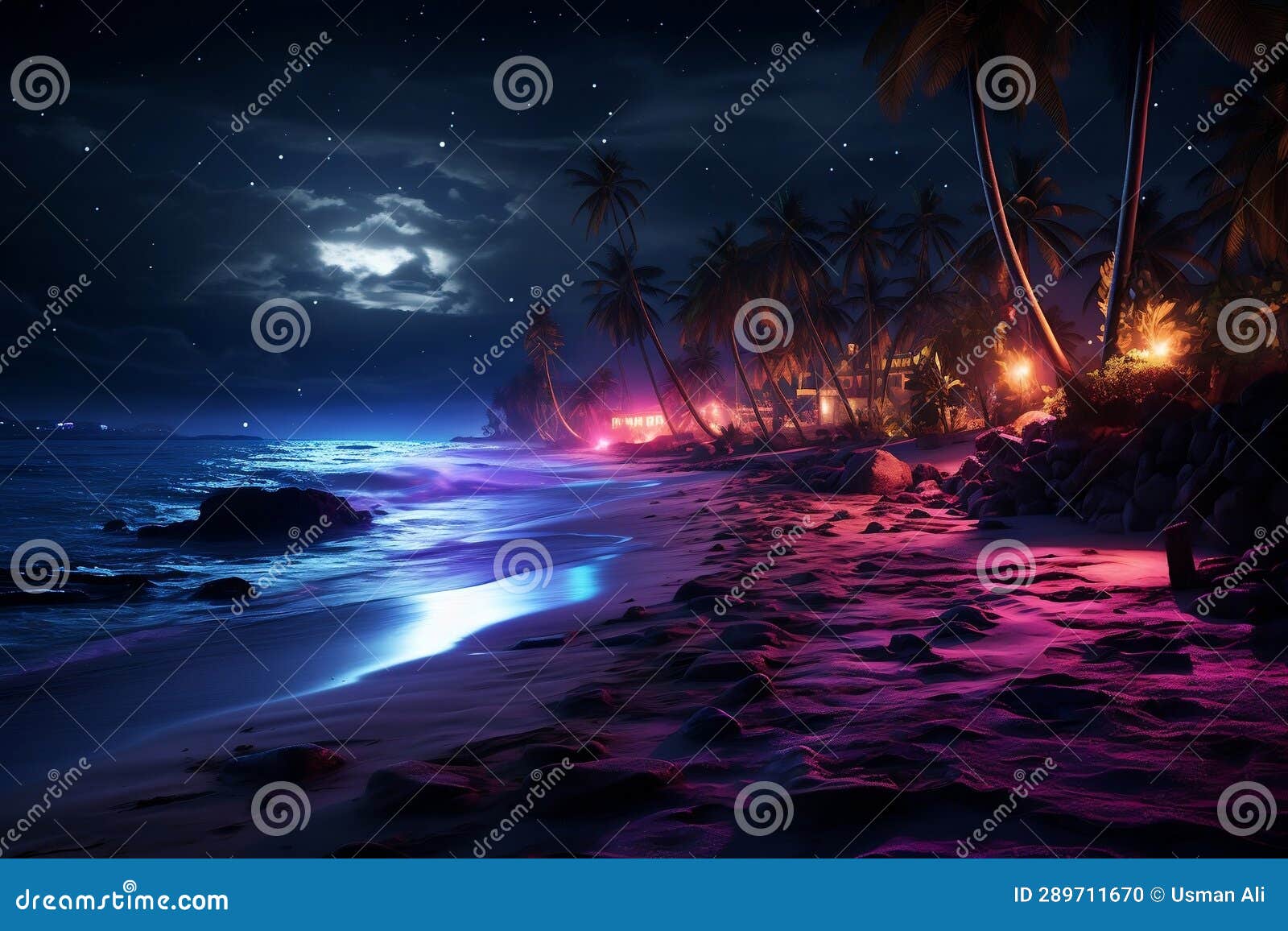Night Beach with Neon Lights. AI Stock Illustration - Illustration of ...
