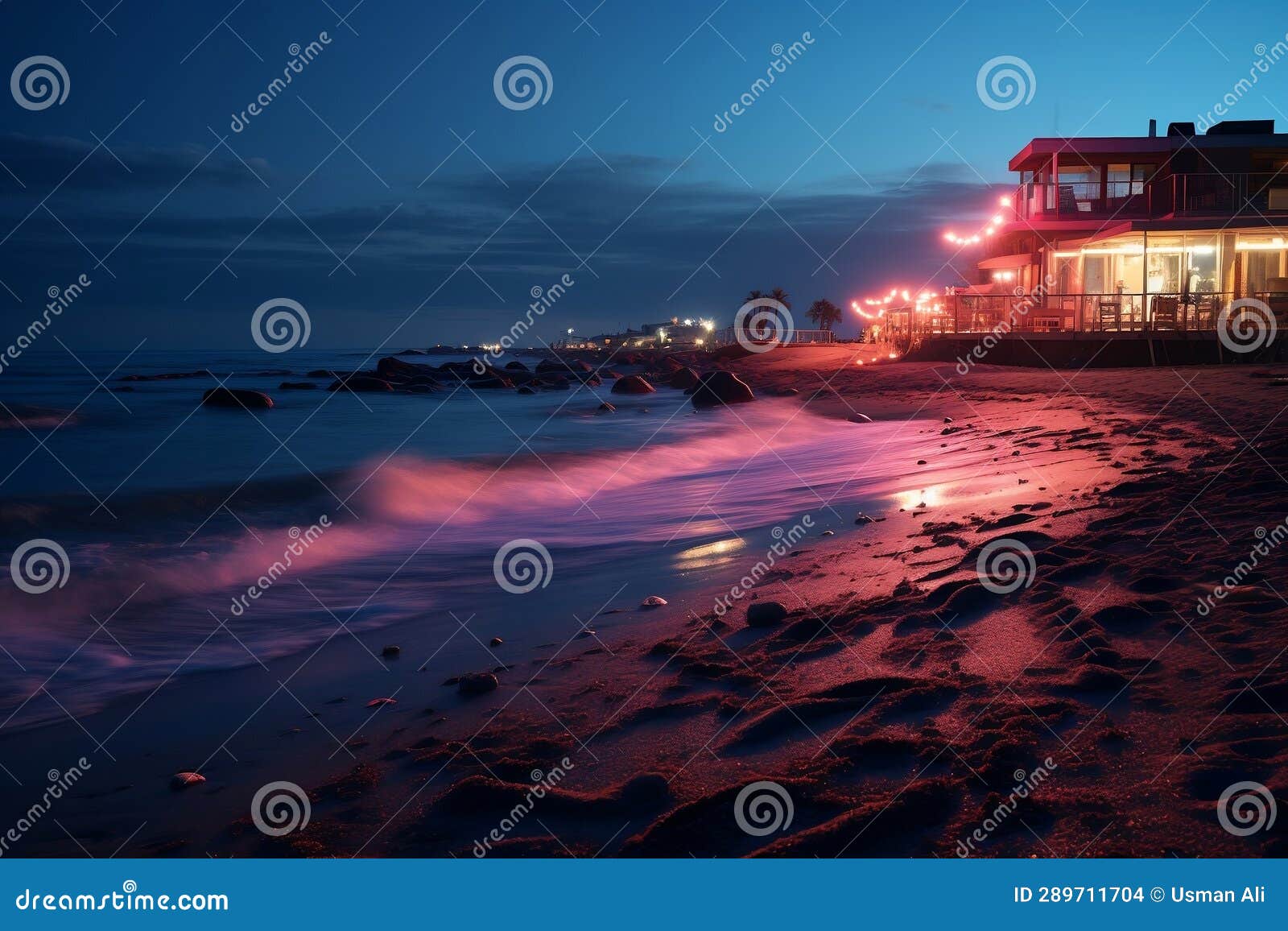 Night Beach with Neon Lights. AI Stock Illustration - Illustration of ...
