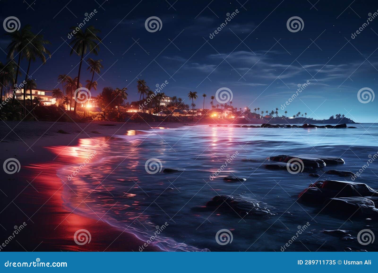 Night Beach with Neon Lights. AI Stock Image - Image of starry, vibrant ...