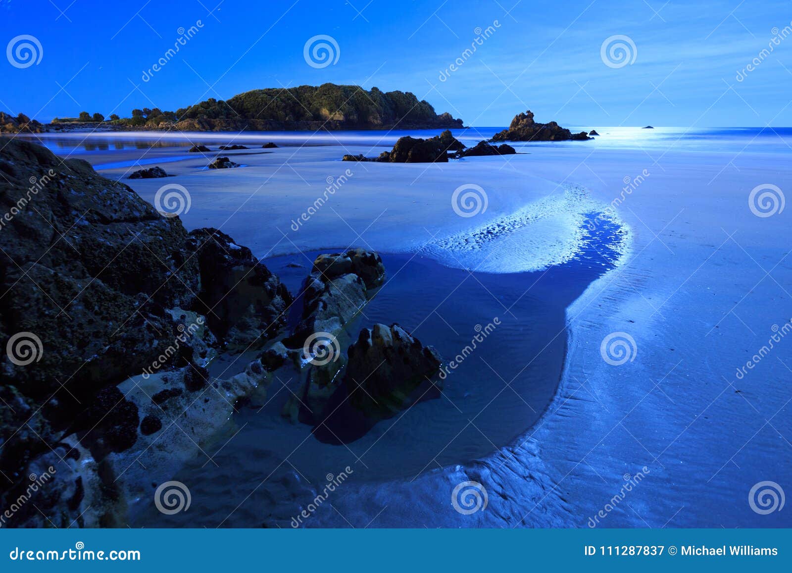Night at the Beach: Tide Pools and Rocks Illuminated by the Moon Stock ...