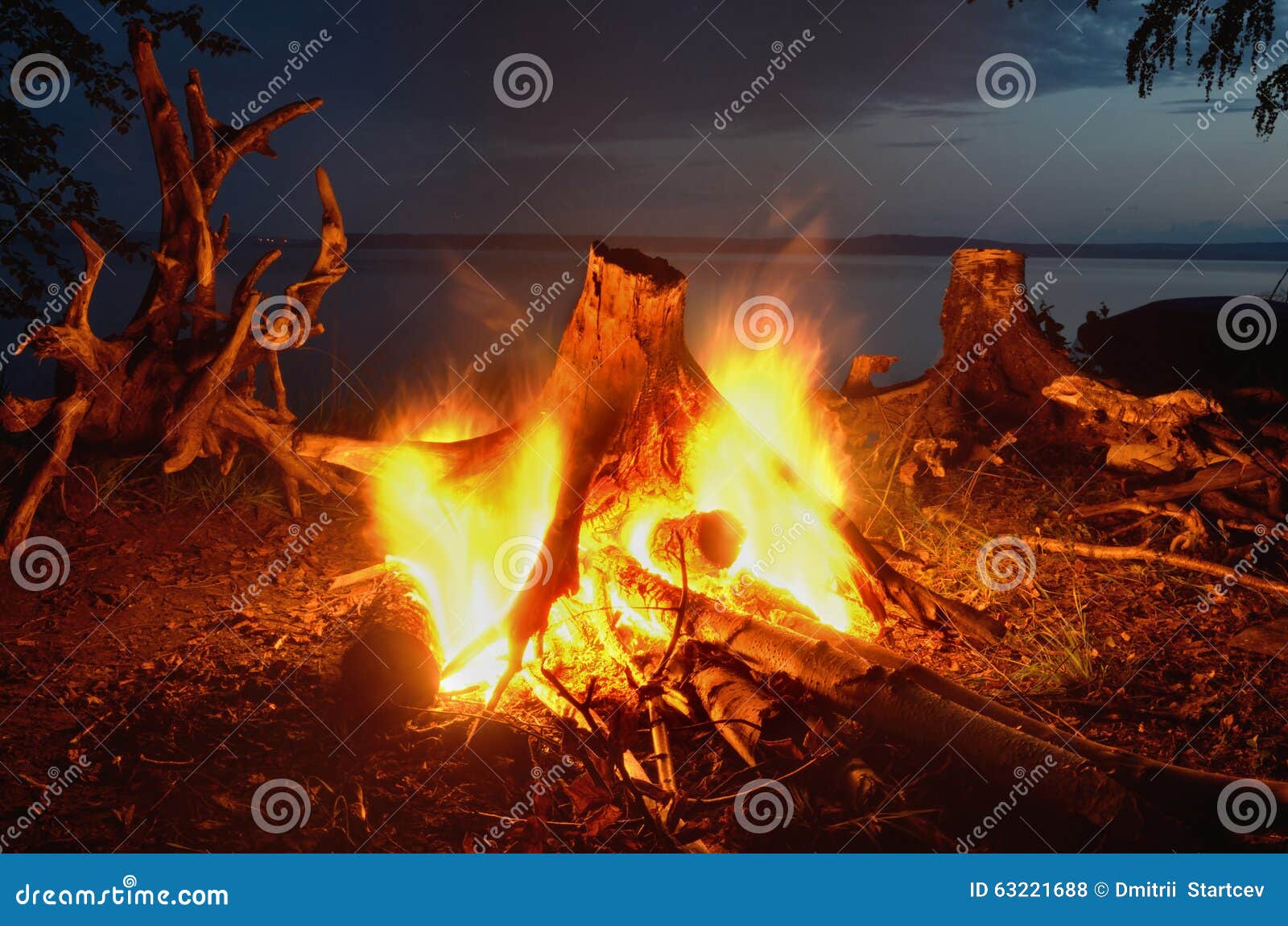 Night bonfire on the river stock photo. Image of natural - 63221688