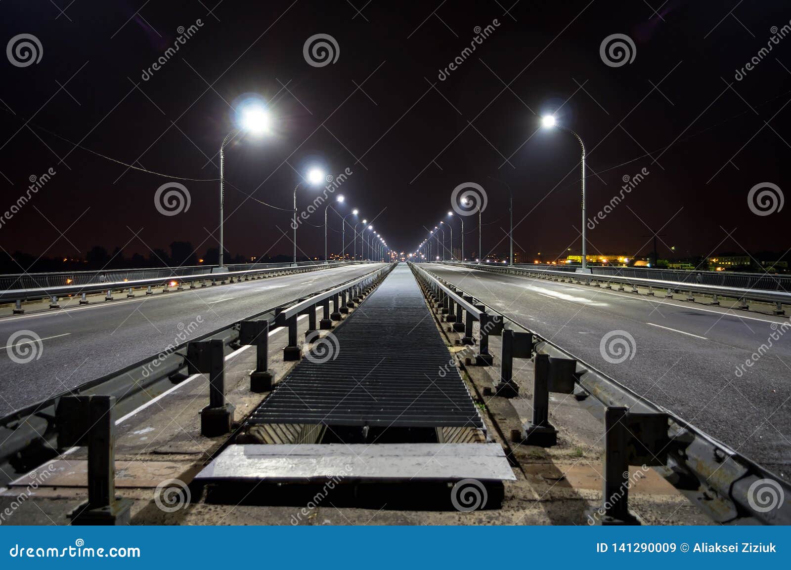 Night Bridge with Lanterns, the Road Goes into the Distance at Night ...