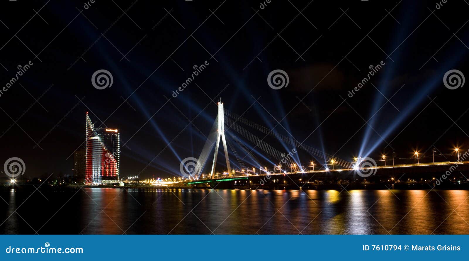 Night Bridge with lights stock photo. Image of reflection - 7610794