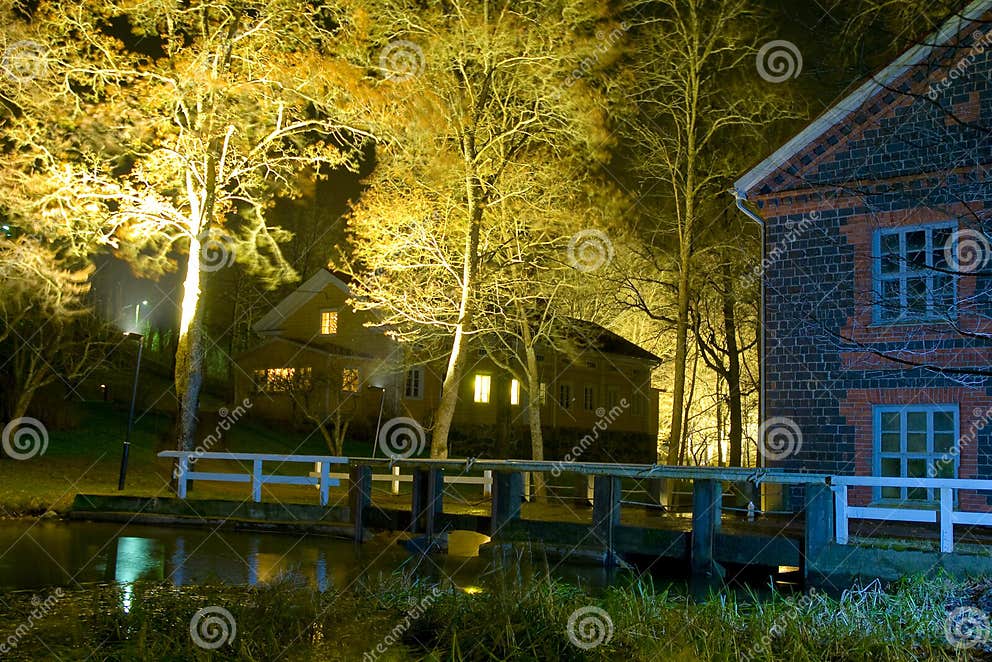 Night Building and Footbridge Stock Image - Image of landscape ...