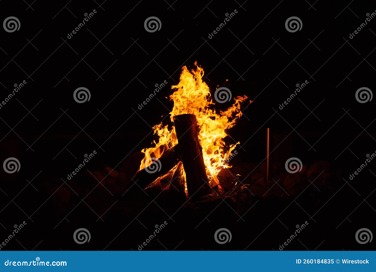 Night Campfire with Available Space at Left Side. Stock Image - Image ...