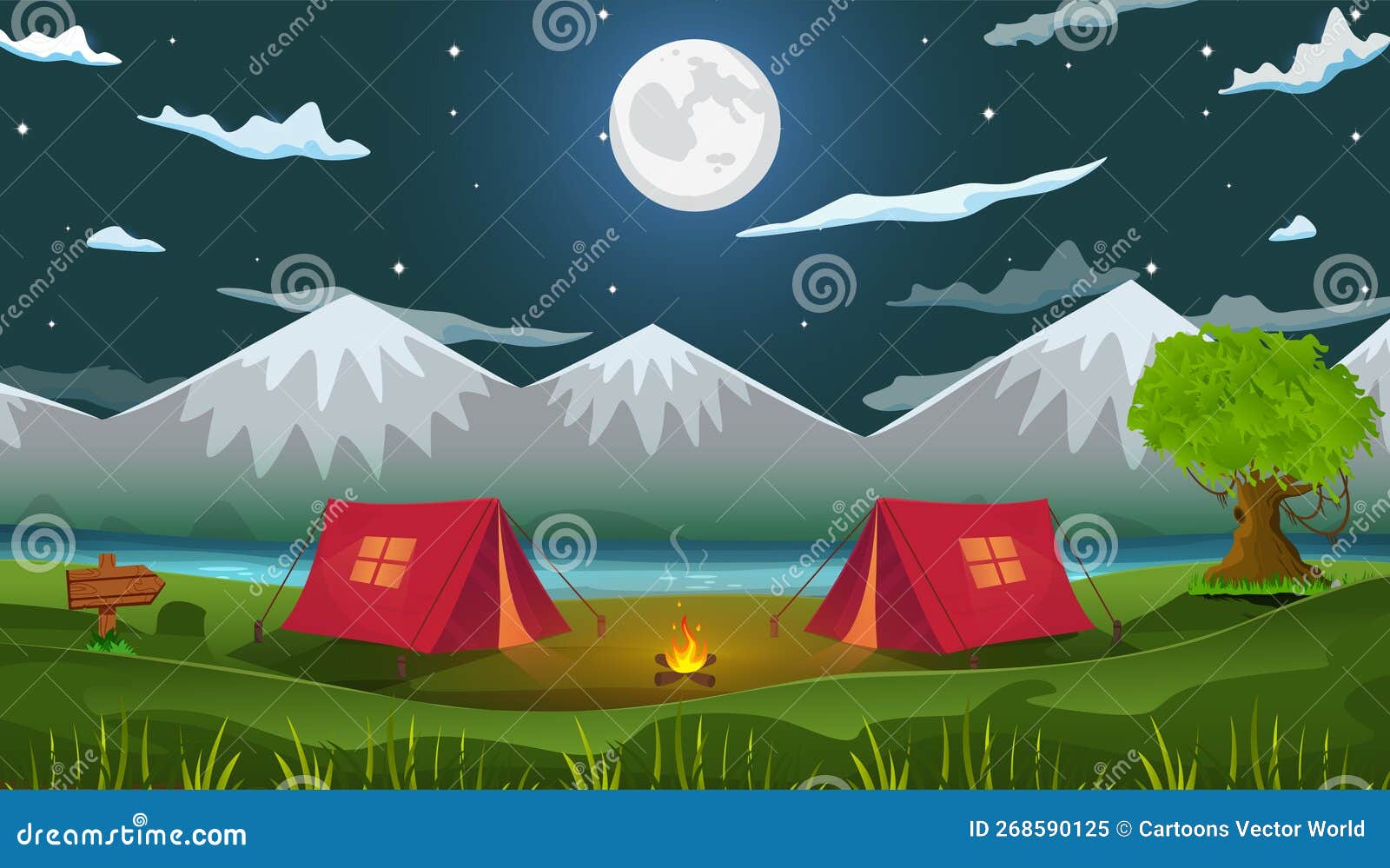 Night Natural Cartoon Background Camping Scene with Two Tents, Fire ...