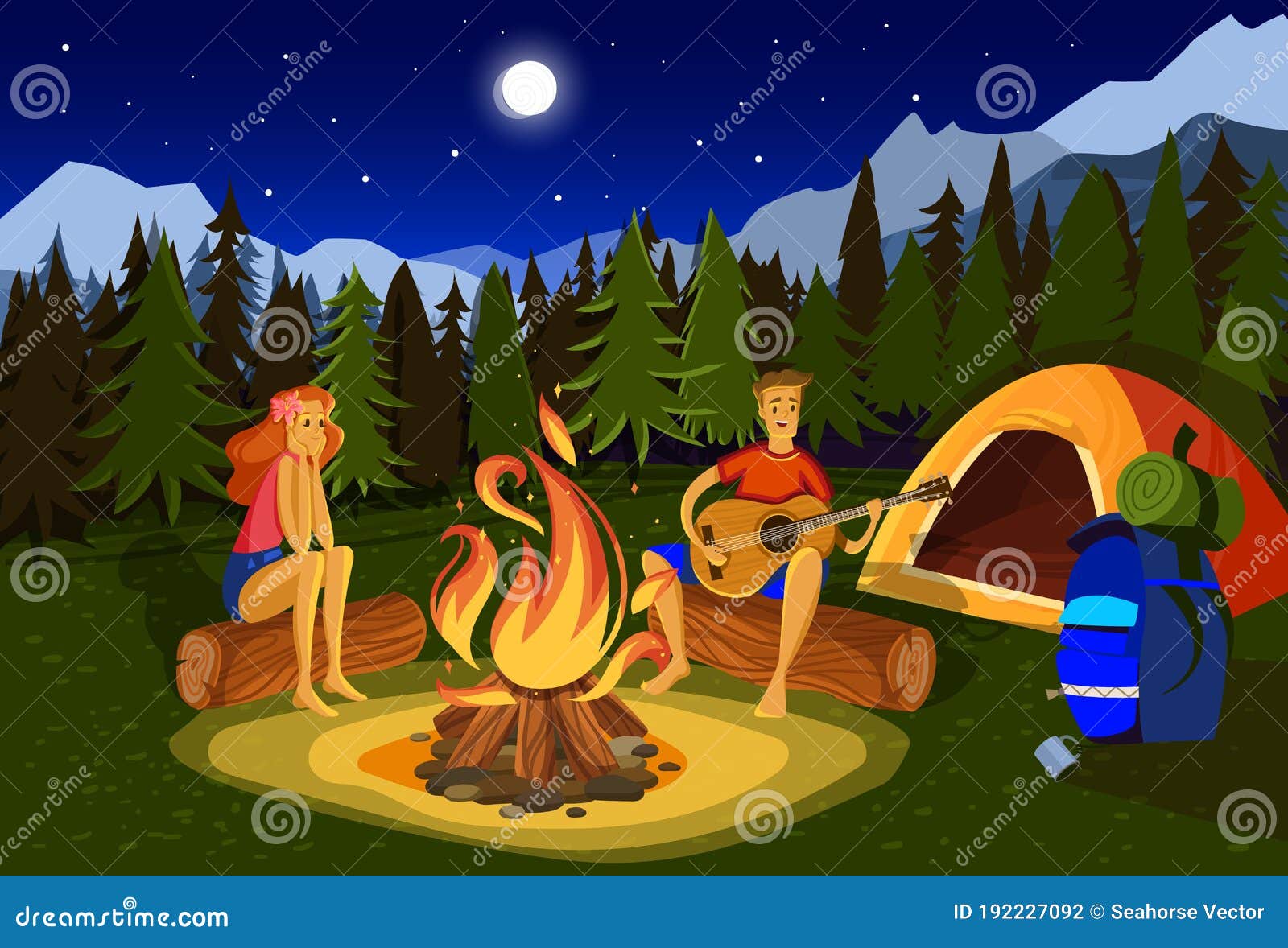 Night Camping Vector Illustration Cartoon Flat Happy Couple Campers