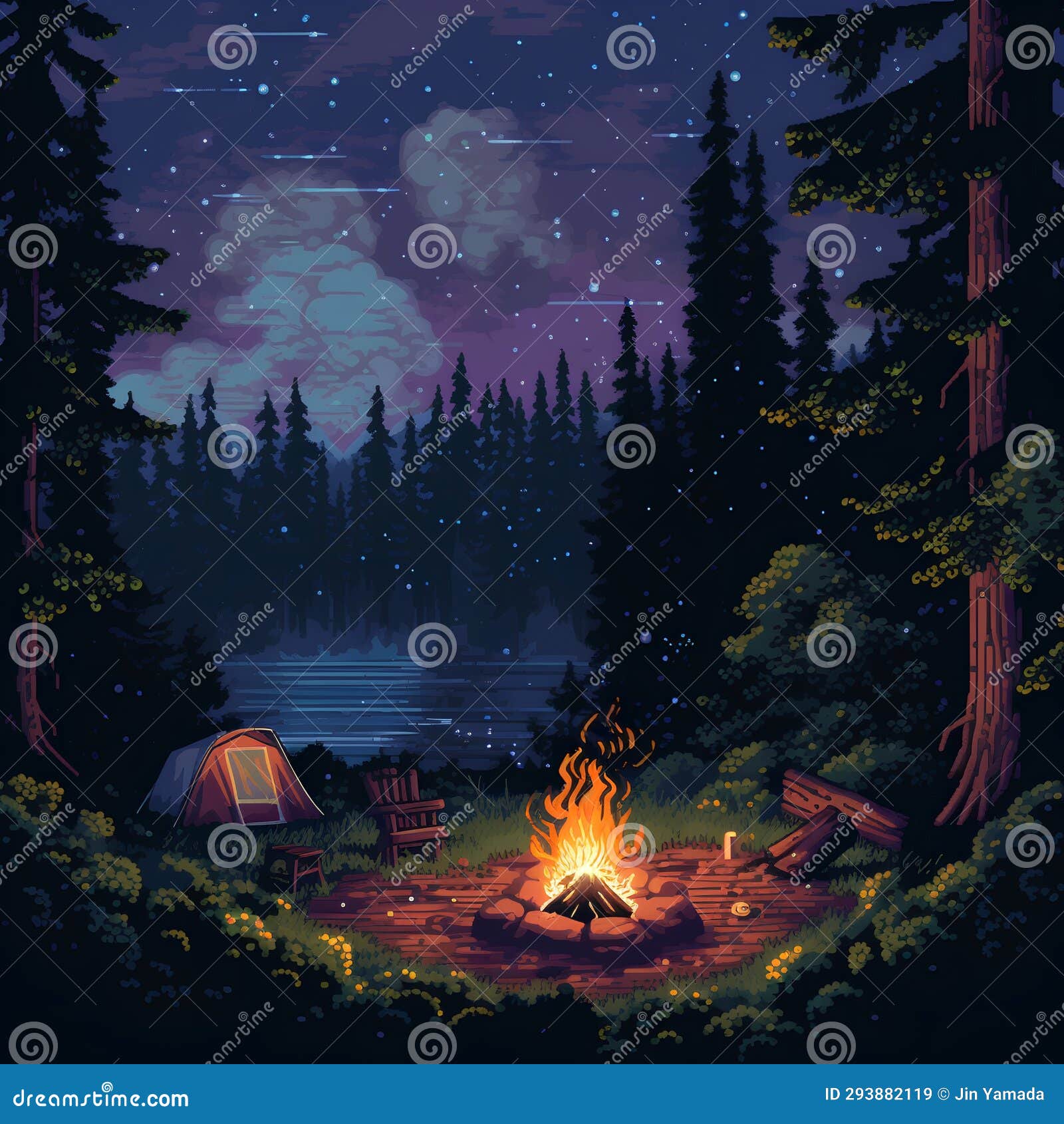 Night Camping in the Woods. Camping on the Lake Stock Illustration ...