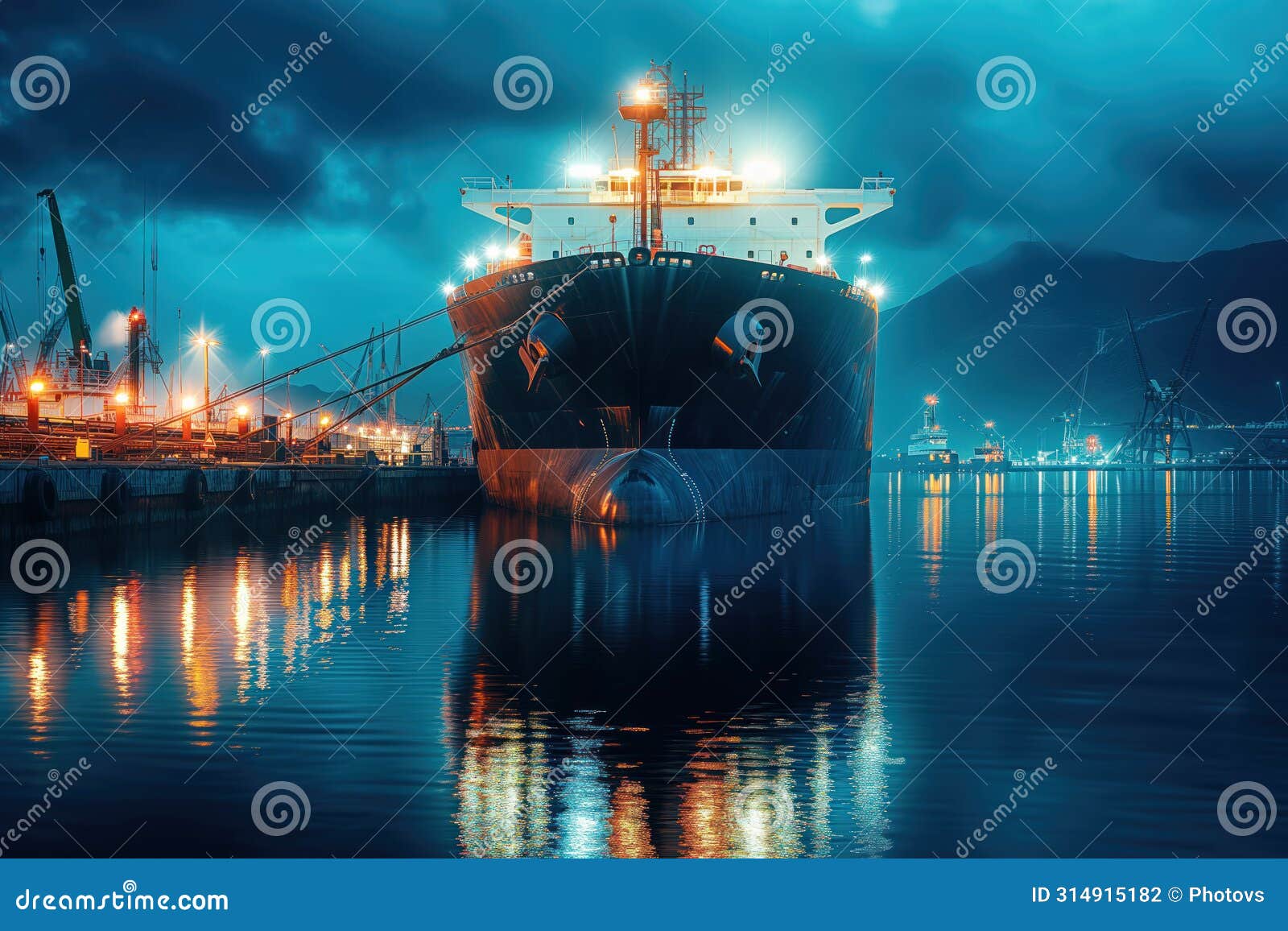 During Night, Cargo Container Ship Rests Peacefully Unloading at Sea ...