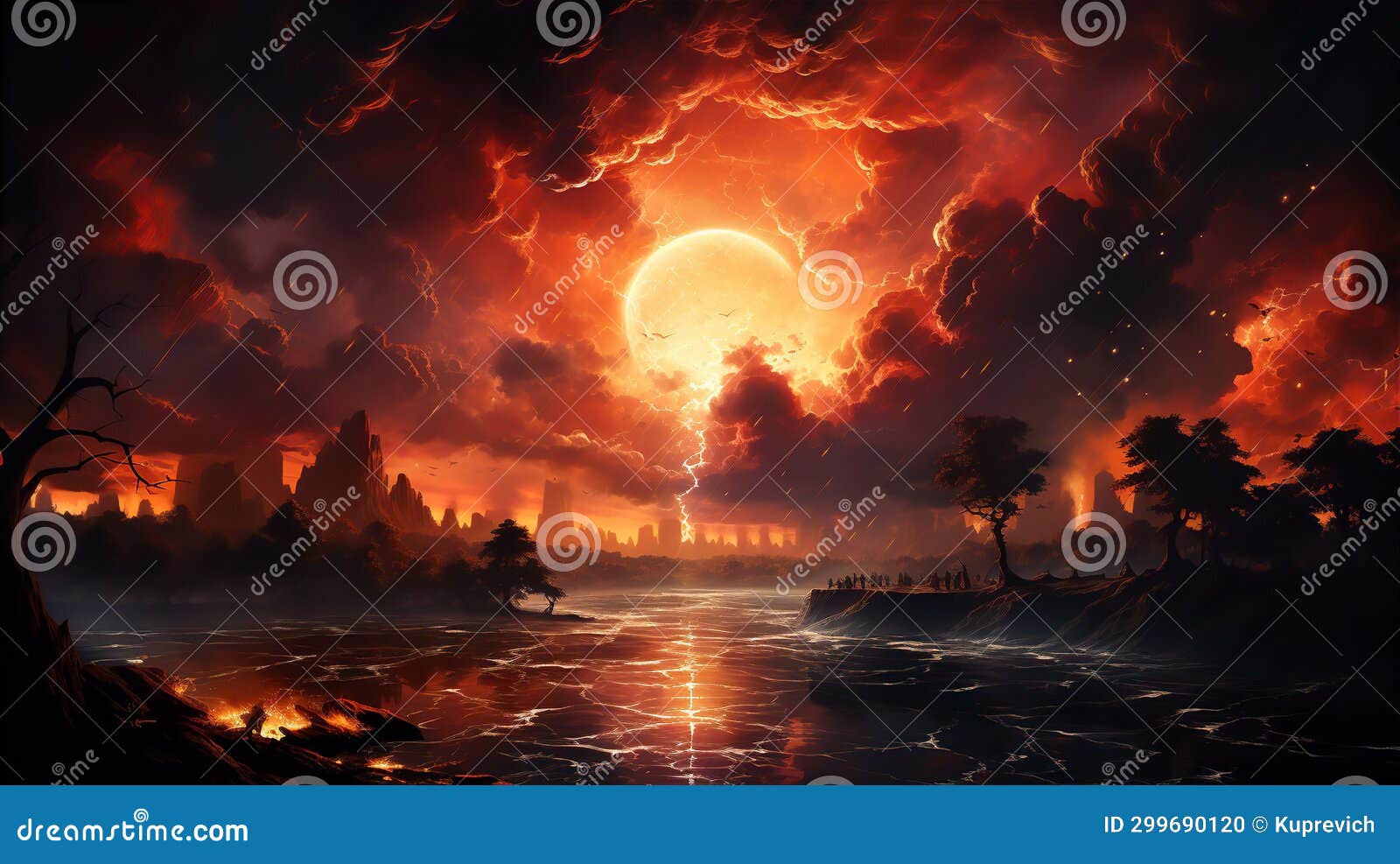 Night City Against the Backdrop of Column of Fire from Explosion Stock ...