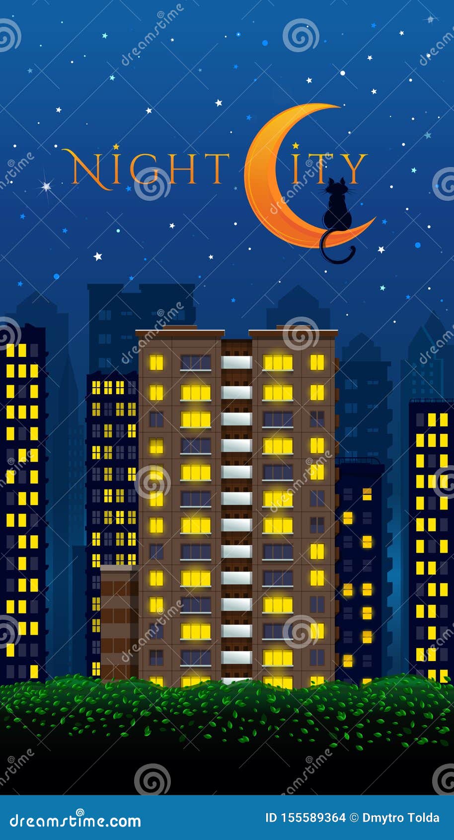 Night City Design with Cat and Moon Stock Vector - Illustration of ...