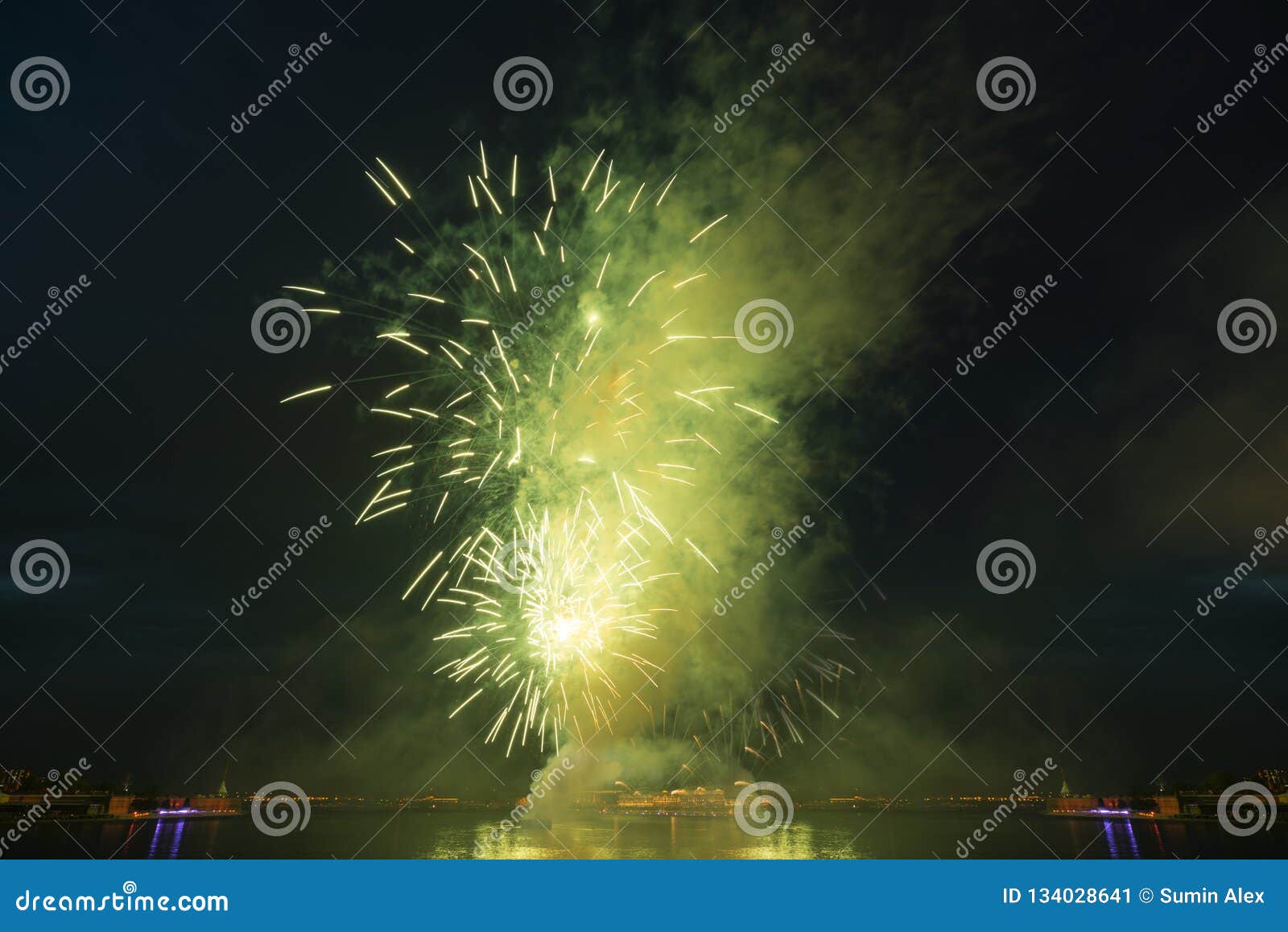 Night City Sky Bright Explosion Green Fireworks Above River Stock Image ...
