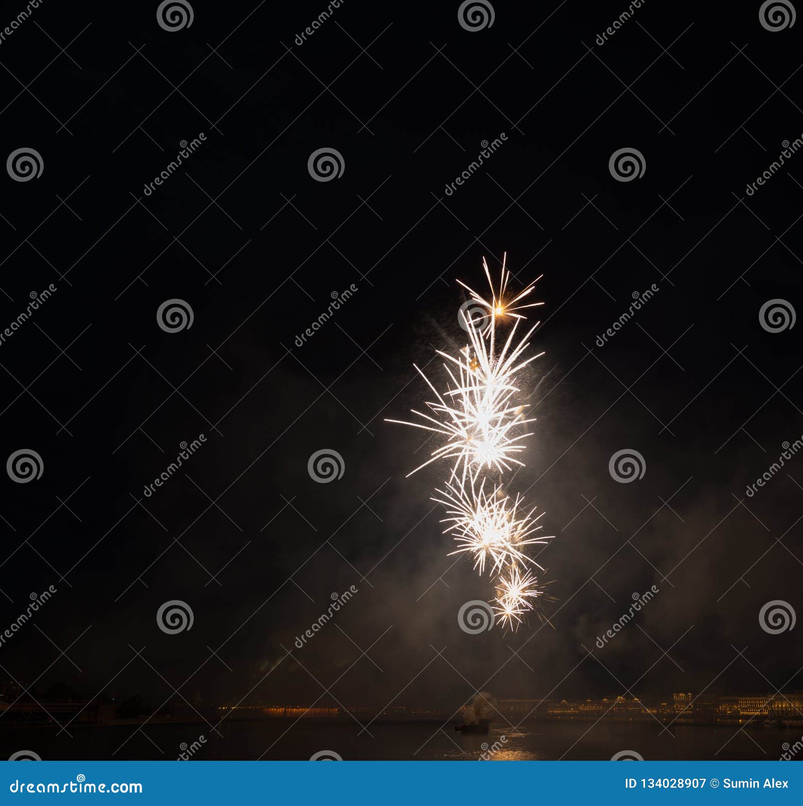 Night City Sky Explosion Fireworks Above River Stock Image - Image of ...