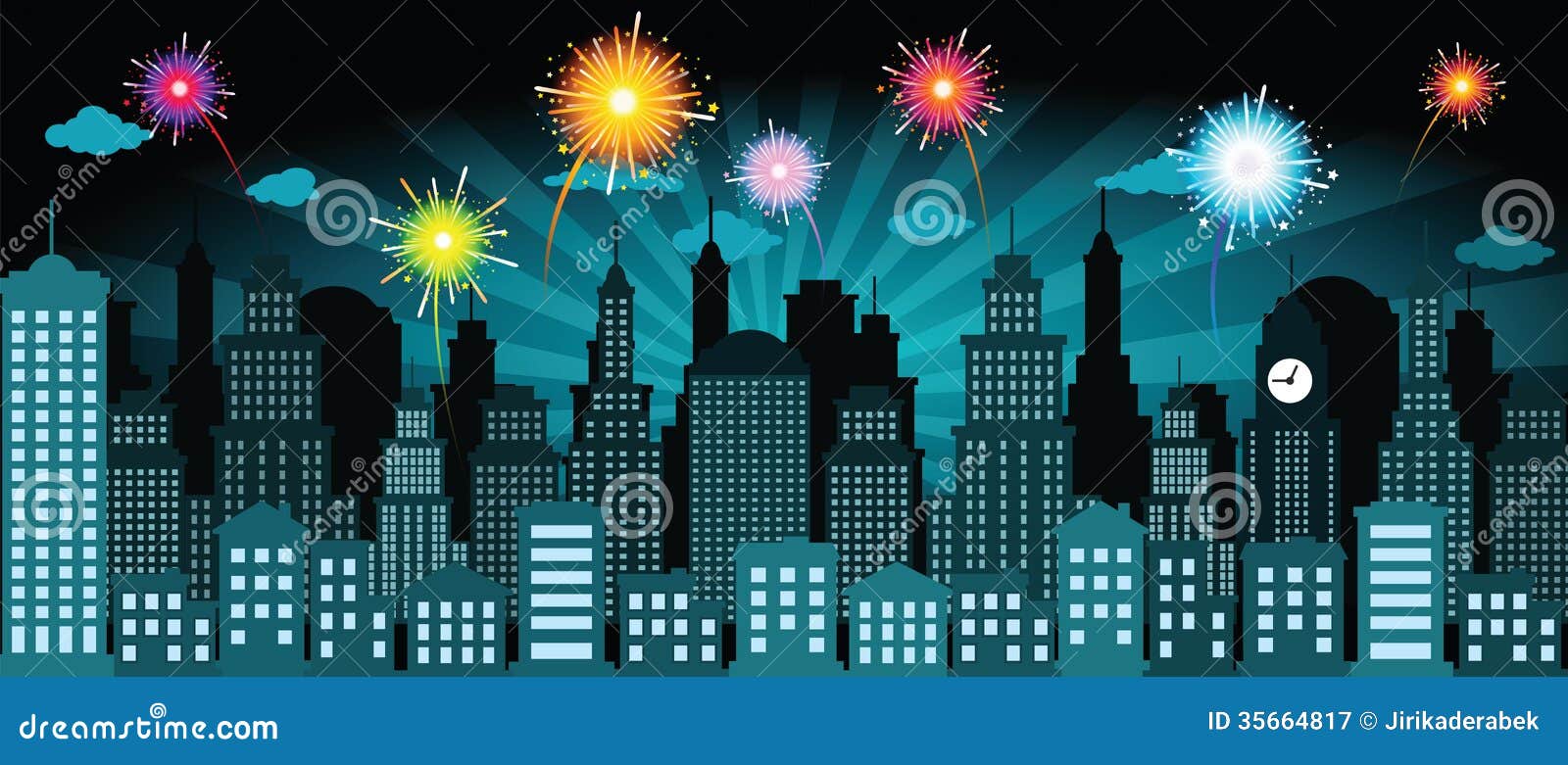 Night city and fireworks stock vector. Illustration of poster - 35664817