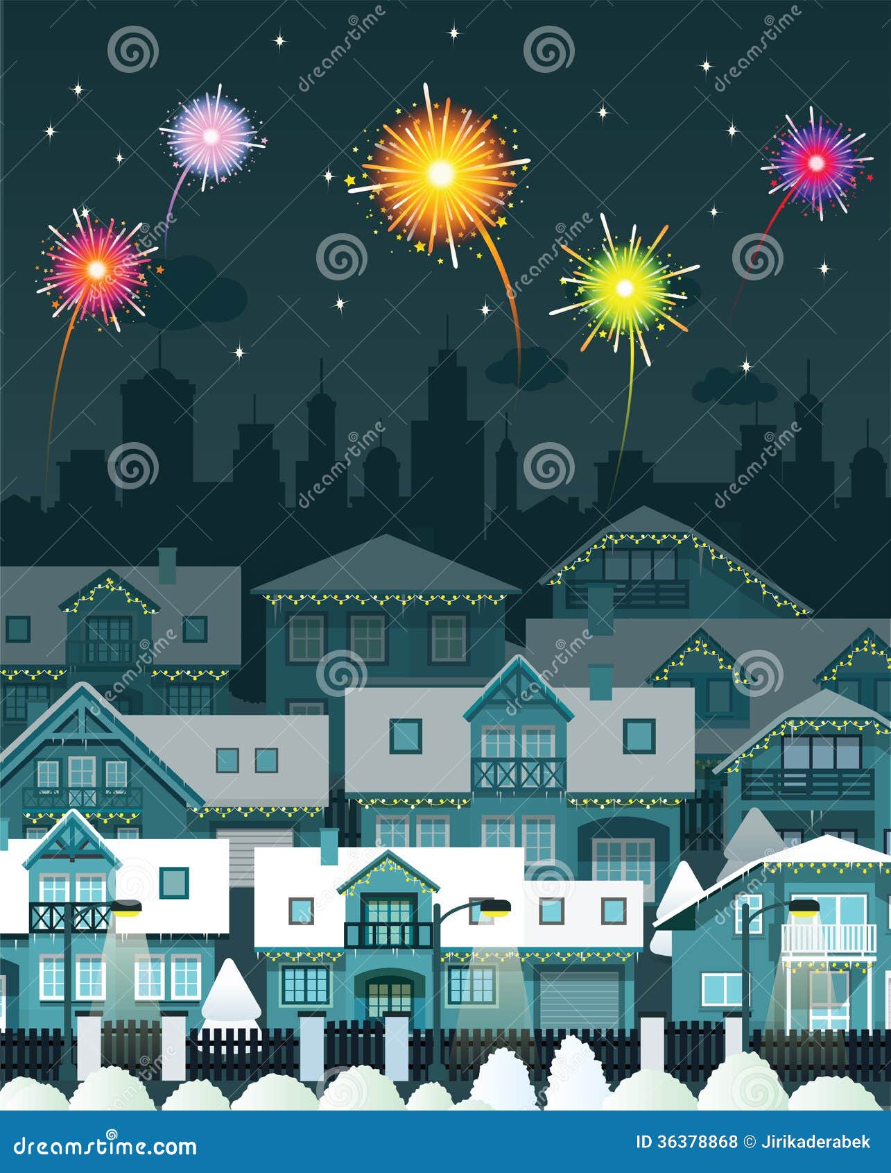 Night city and fireworks stock vector. Illustration of dark - 36378868