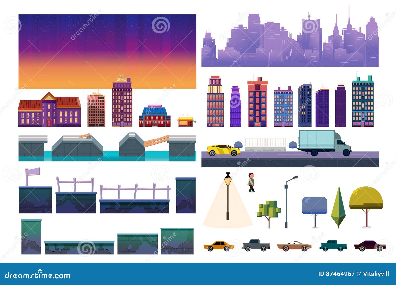 Night City Game Level Kit. Vector Collection for Video Game on White ...
