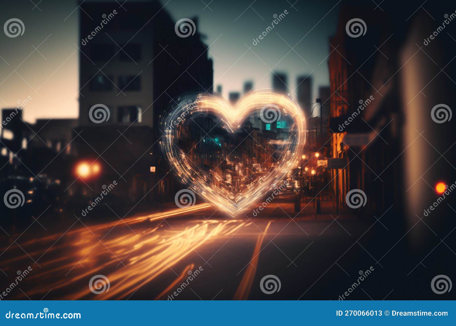 Night City Lights with Heart Drawing with Light Trails Stock Image ...