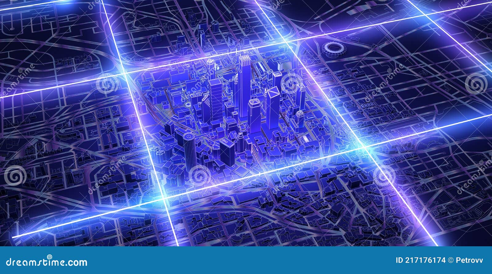 Night City with Neon Grid Above View Stock Illustration - Illustration ...