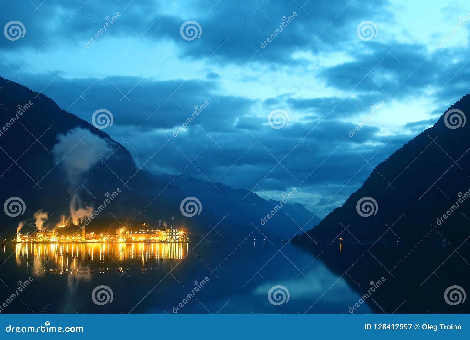 Night City Odda in the Reflection of Water. Norway Stock Image - Image ...