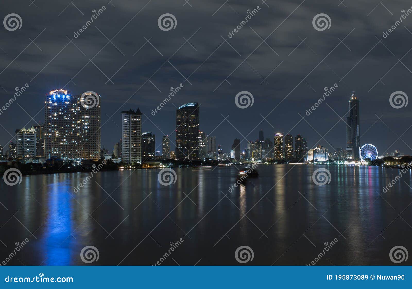 Night City River View with Reflection in Water Stock Image - Image of ...