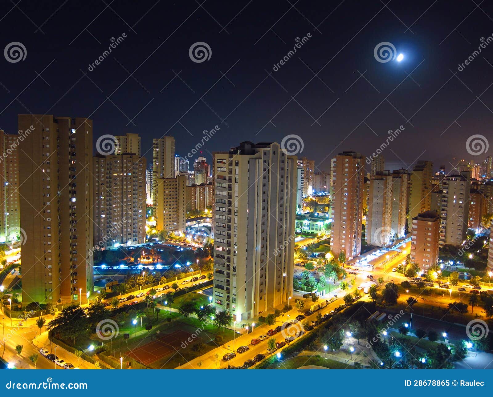 Night City Skyline and Moon Stock Image - Image of benidorm, building ...