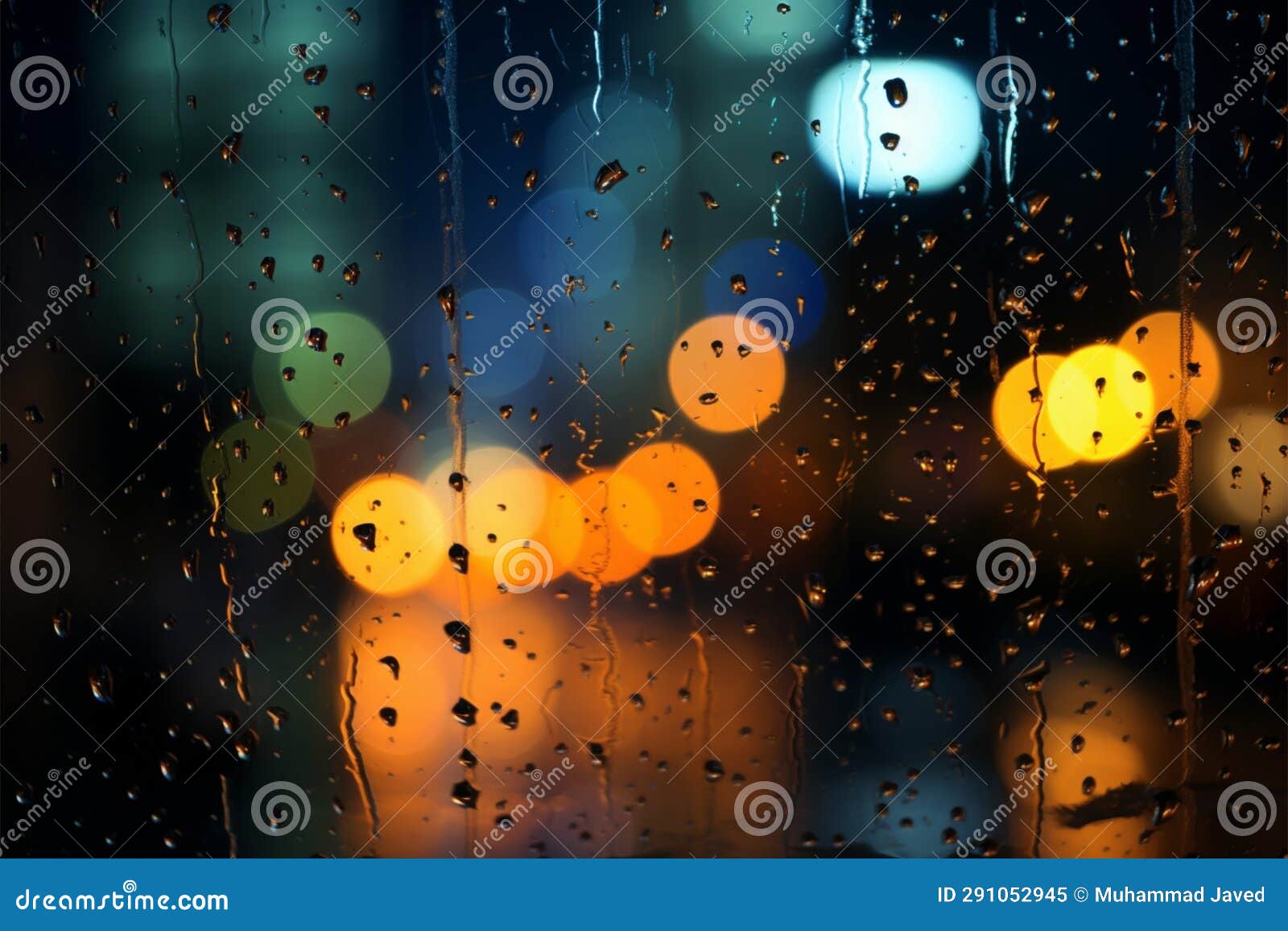 Night Citys Lights Diffuse through Glass, Raindrops Creating a Dreamy ...