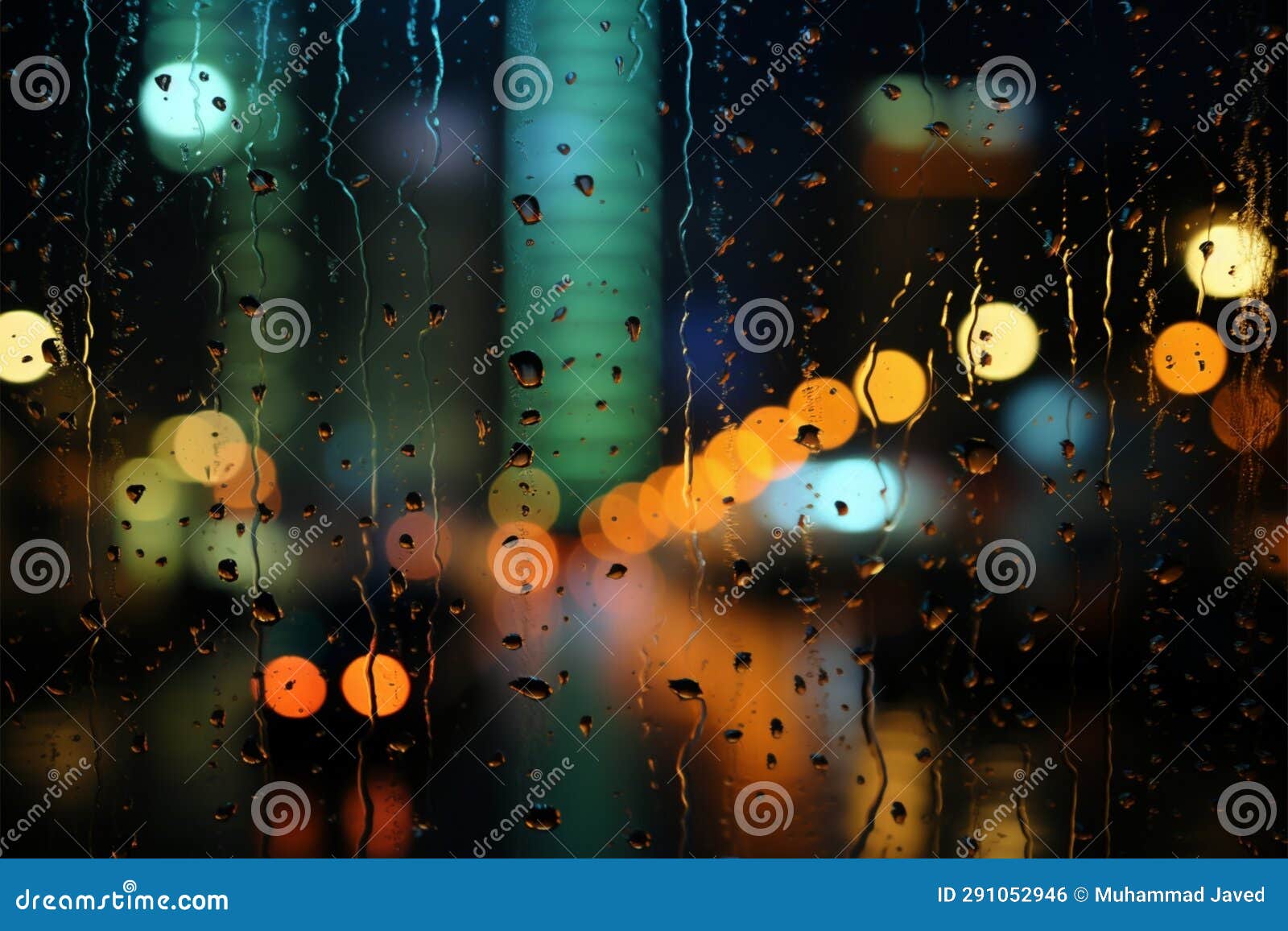 Night Citys Lights Diffuse through Glass, Raindrops Creating a Dreamy ...