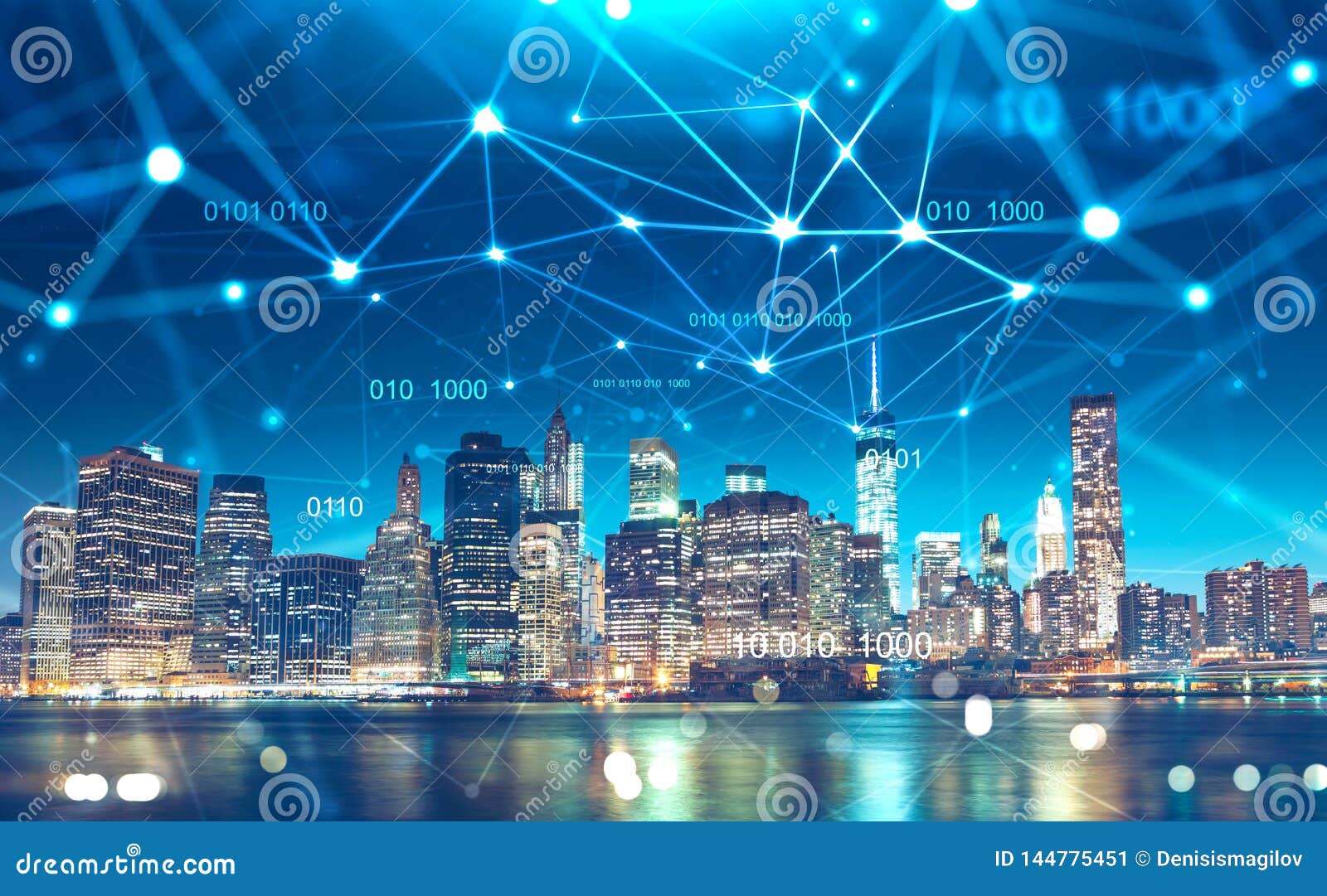 Night Cityscape with Digital Technology Network Stock Image - Image of ...