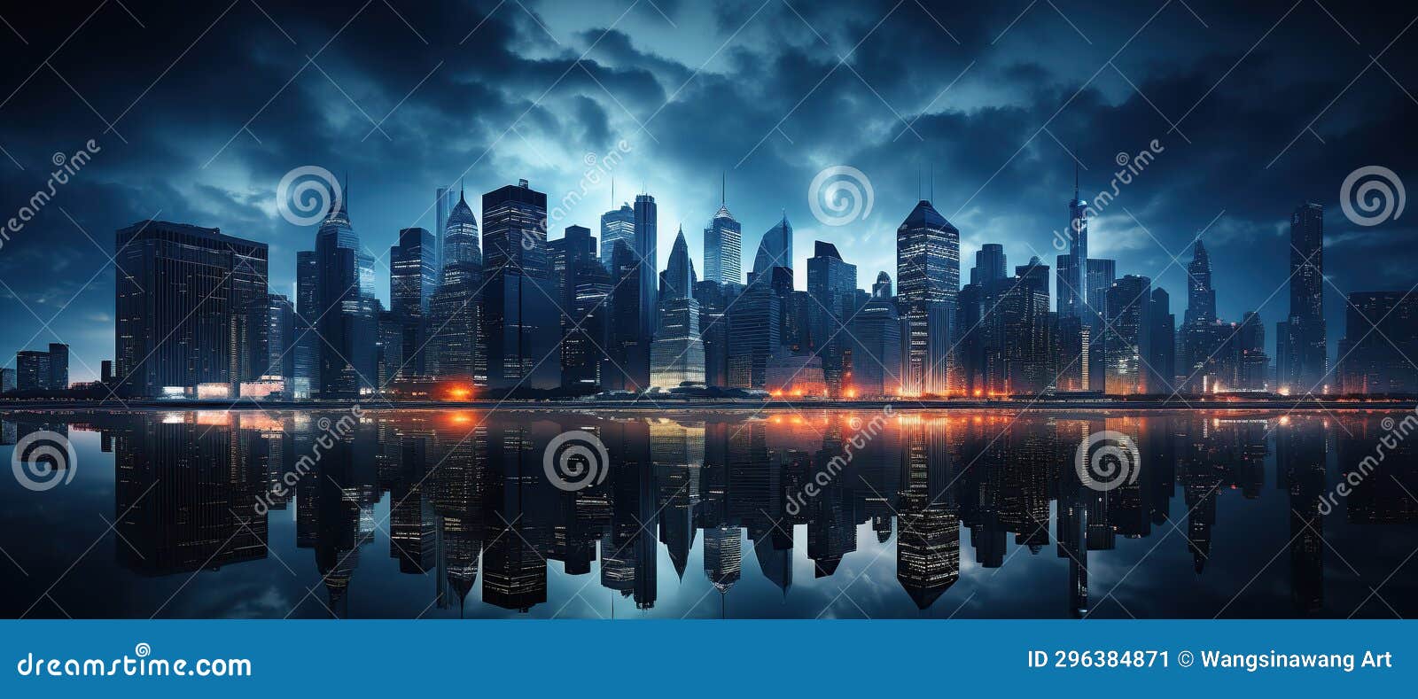 Night Cityscape with Illuminated Skyscrapers and Reflection on the ...