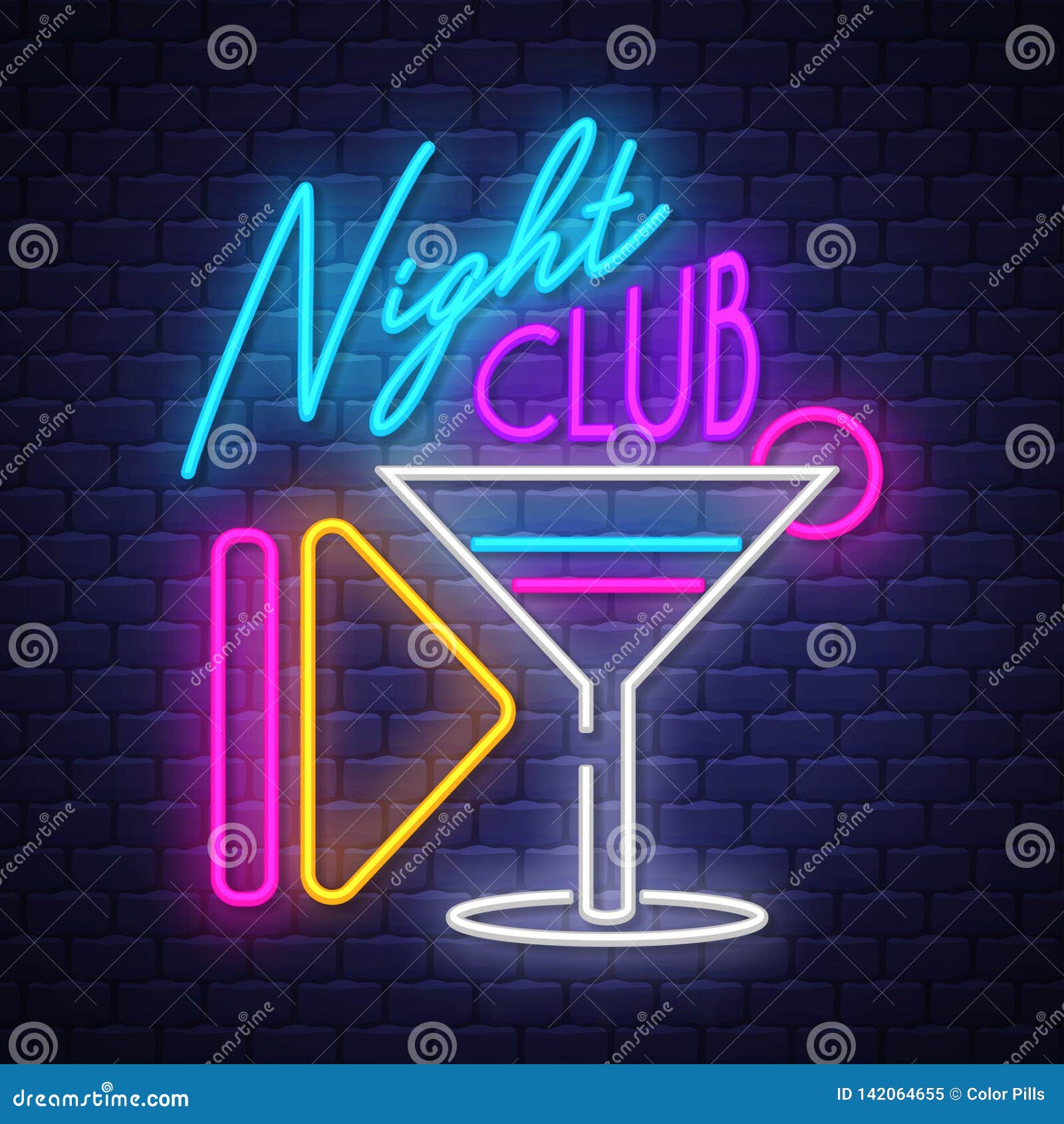 Night Club Neon Sign Vector On Brick Wall Background Stock Vector