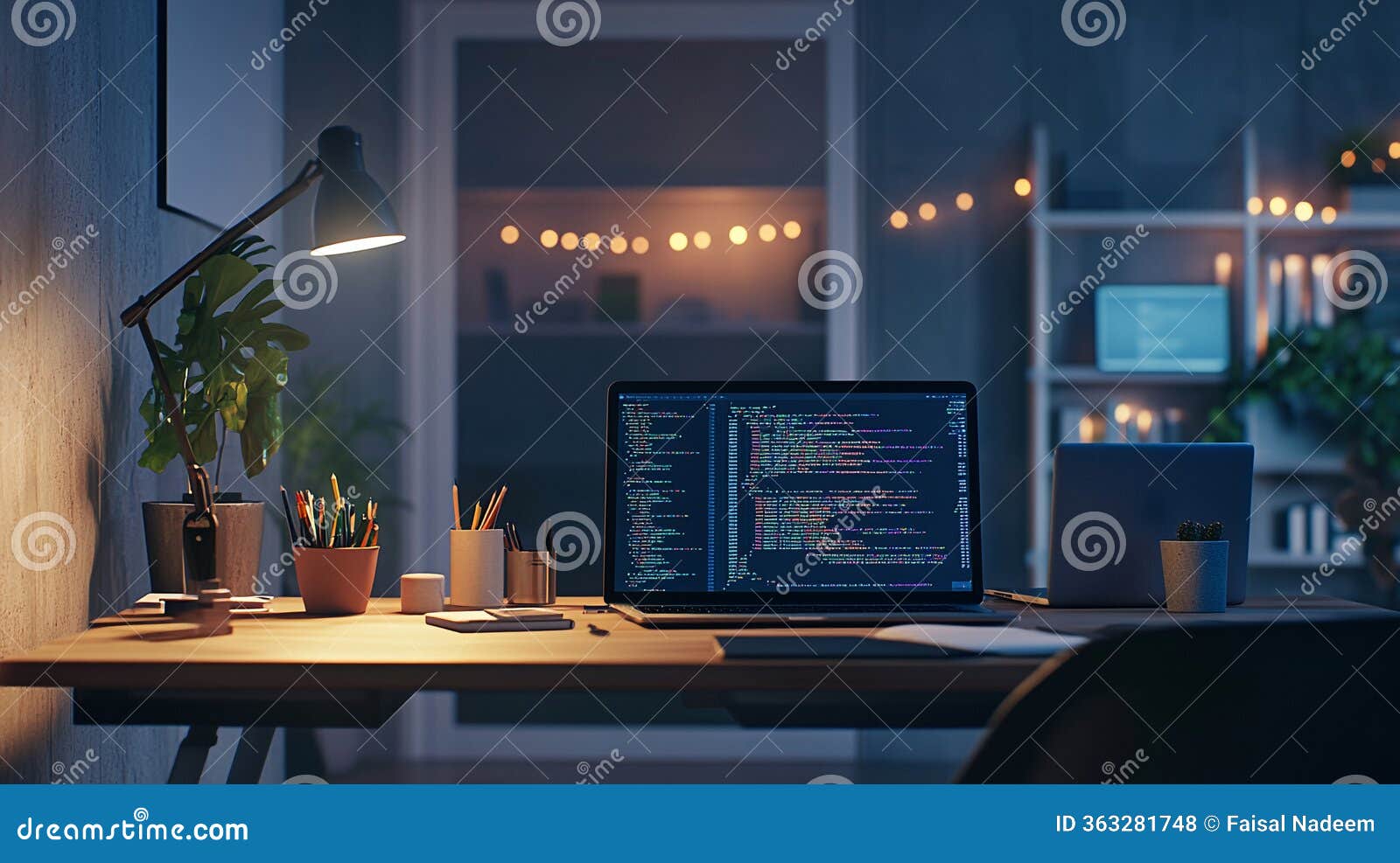 Night Coder Workspace Laptop Screen Code Programming Desk Setup Dark Blue Home Light Coding ...