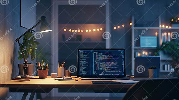 Night Coder Workspace Laptop Screen Code Programming Desk Setup Dark ...