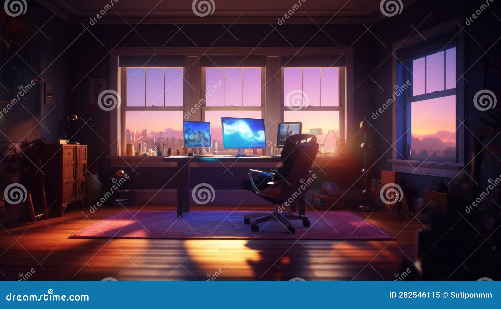 Night Content Creator Interior Modern Office Stock Illustration ...