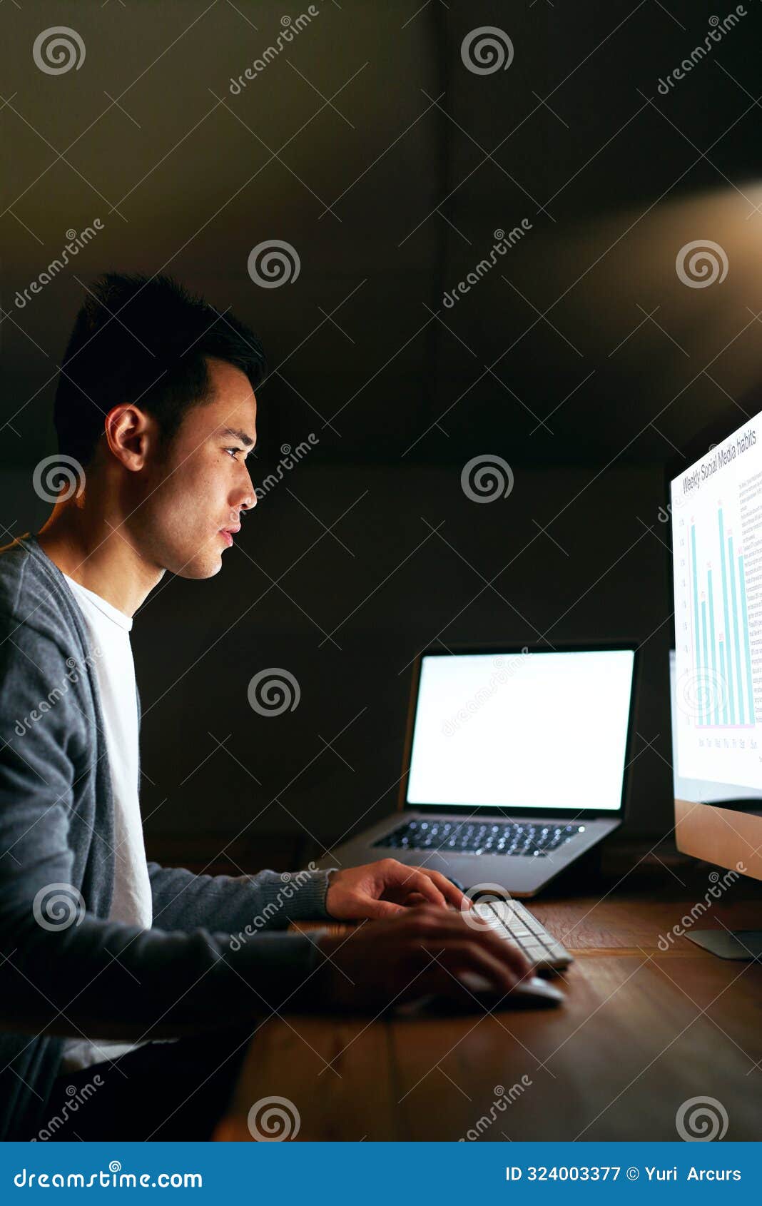Night, Dark and Businessman by Computer with Analytics Screen for ...