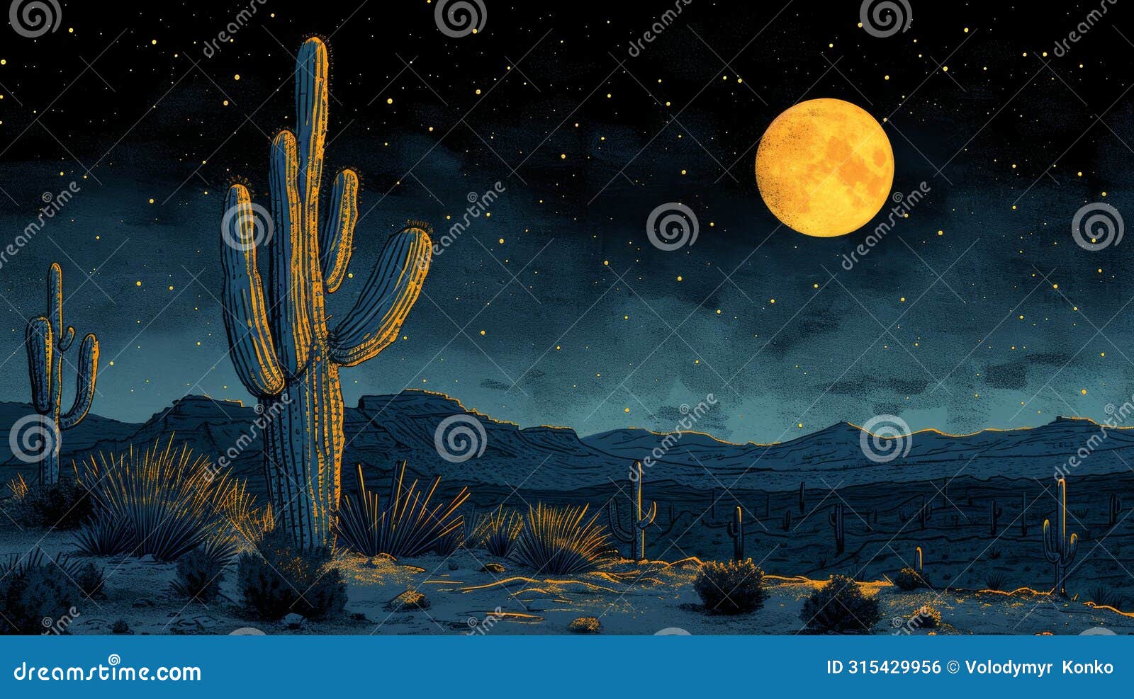 Night Desert Landscape with Full Moon and Cacti Stock Photo - Image of ...
