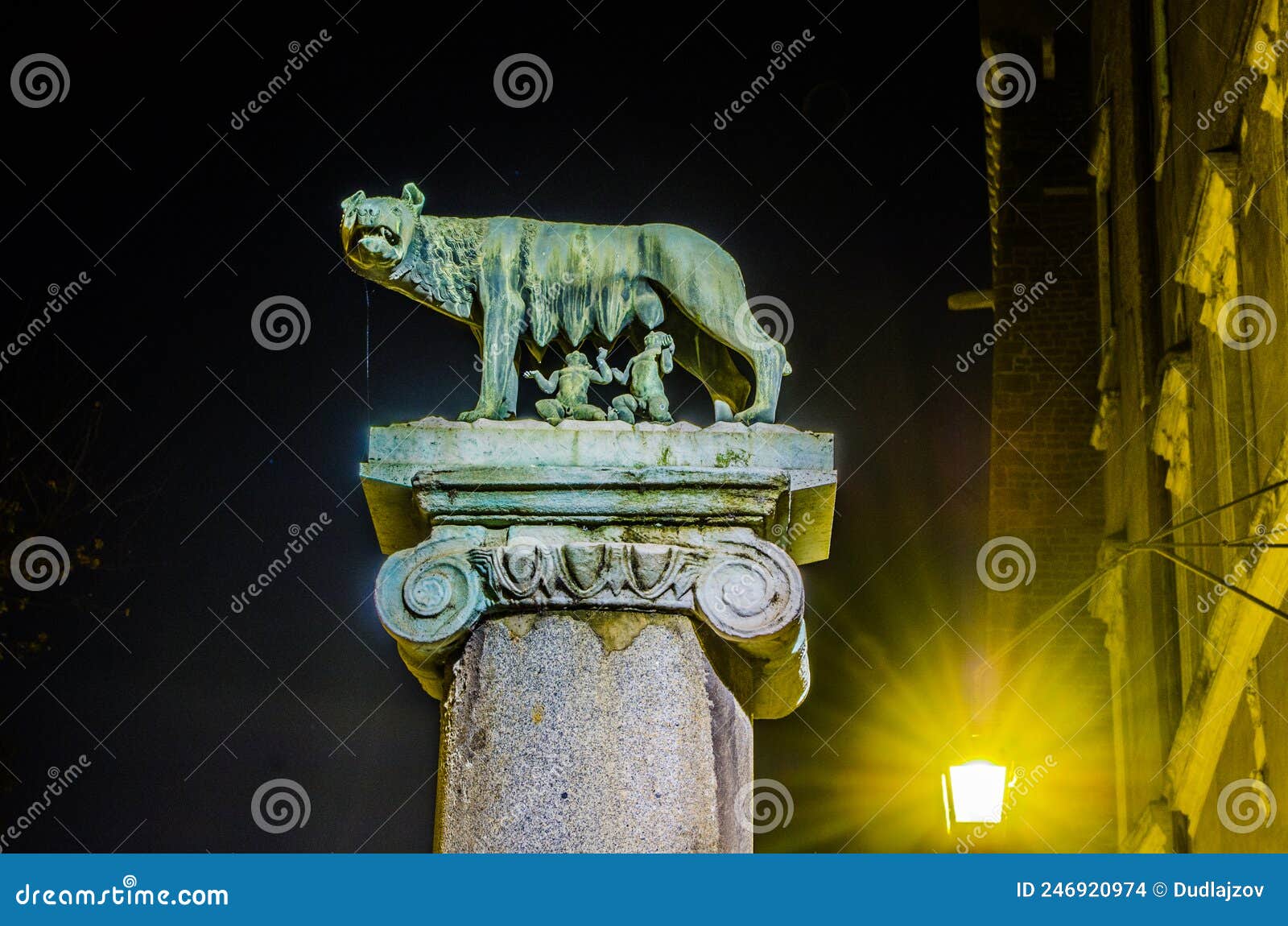 Night Detail of Symbol of Rome: she-wolf Breastfeeding Romulus and ...