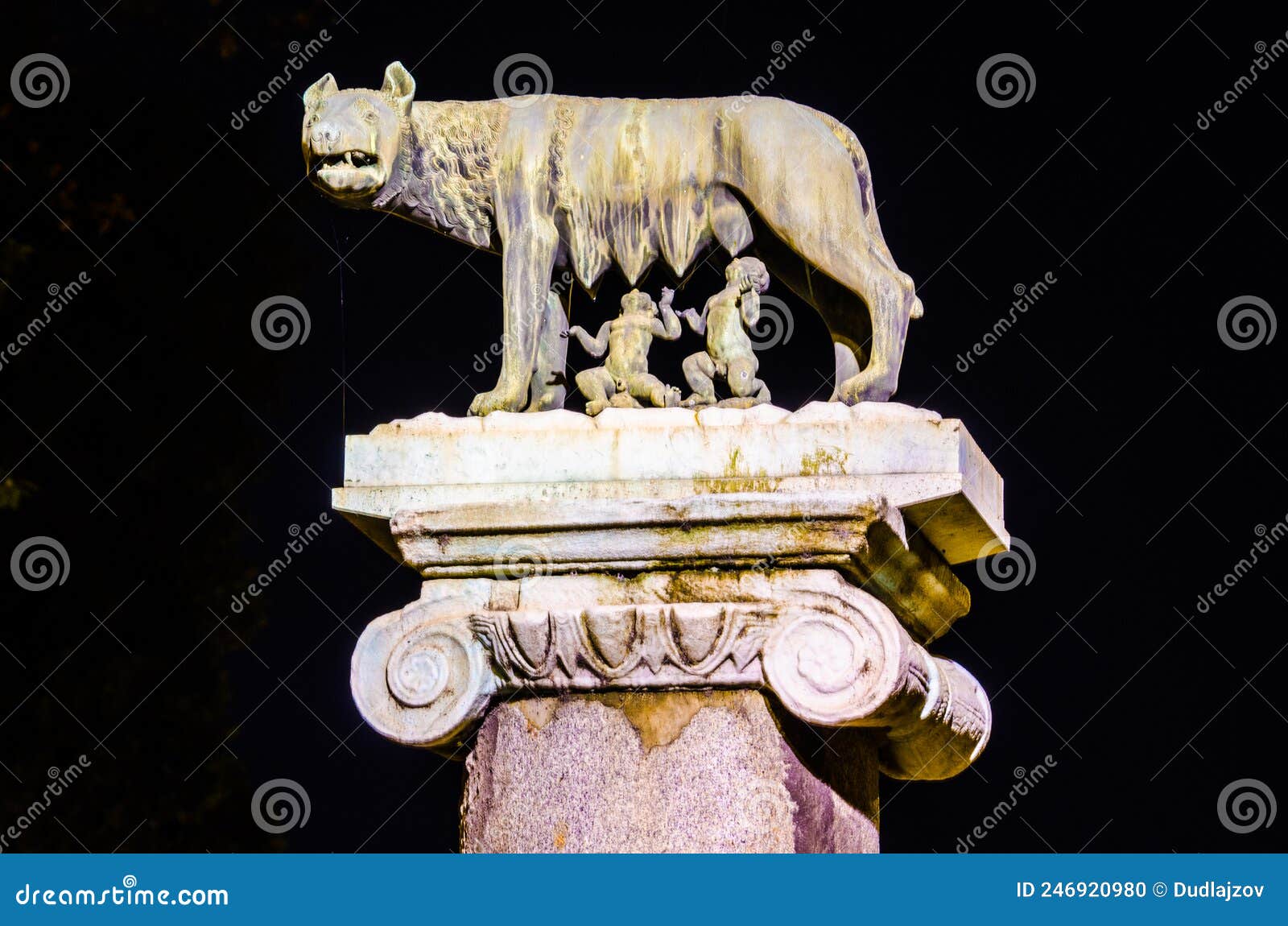 Night Detail of Symbol of Rome: she-wolf Breastfeeding Romulus and ...