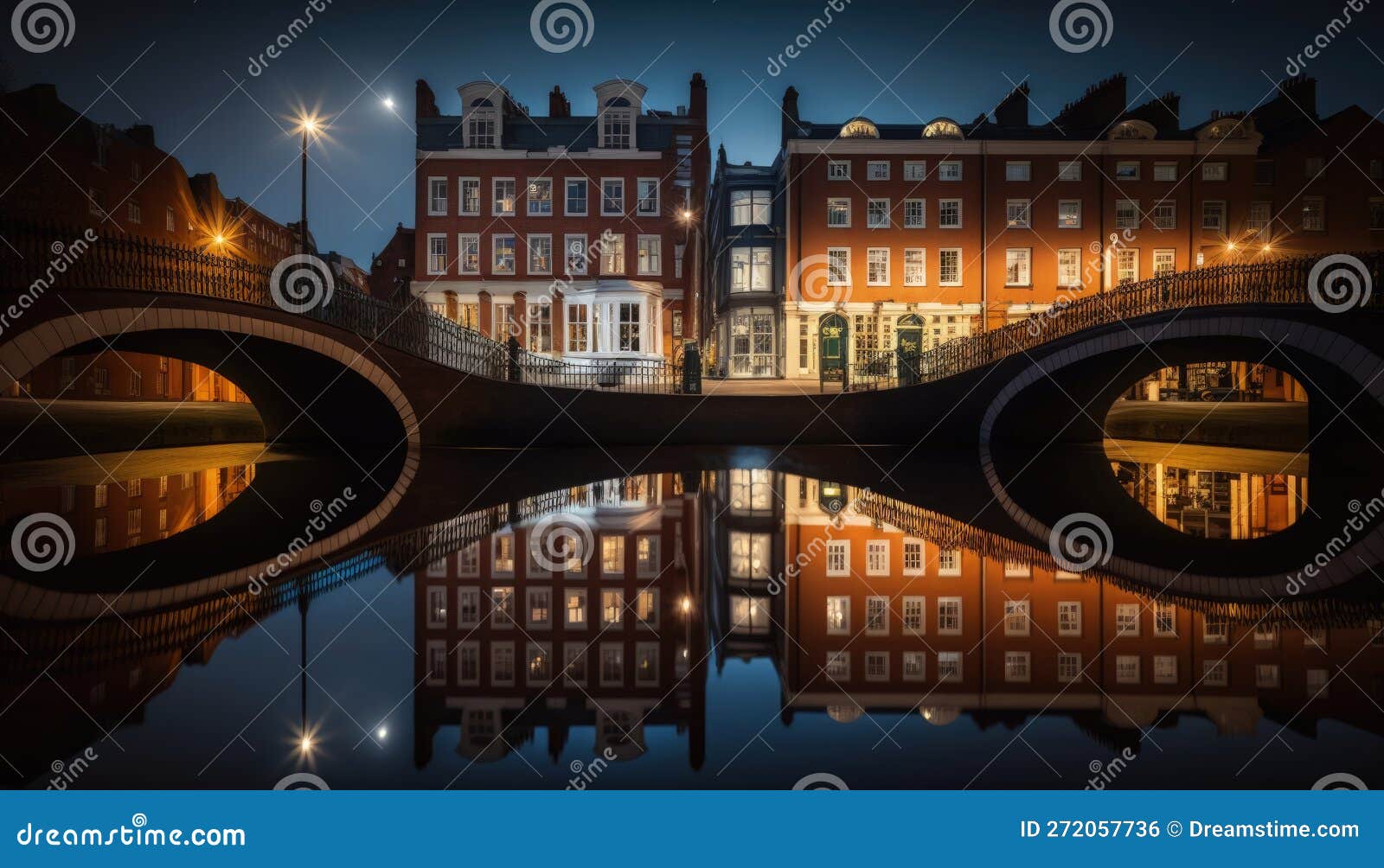 Night in Dublin Bridge and Buildings River Reflection with Light Stock ...