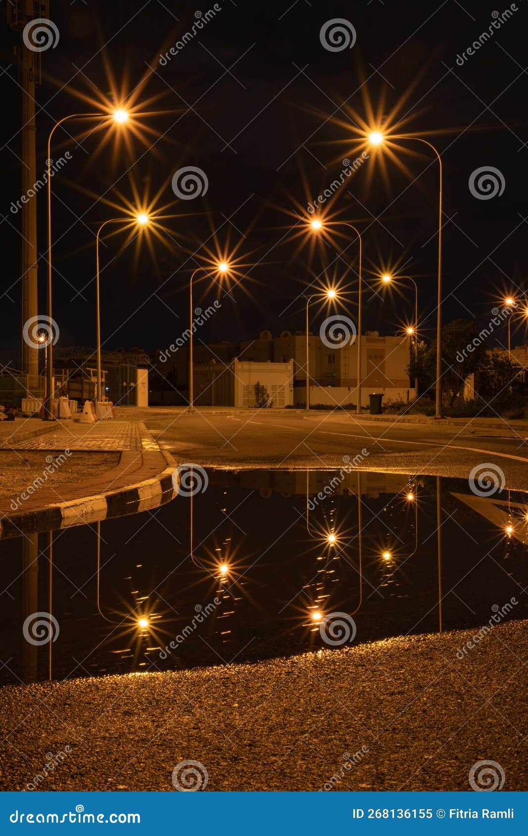 Night Empty Road with Reflection of Street Light on Water Stock Image ...