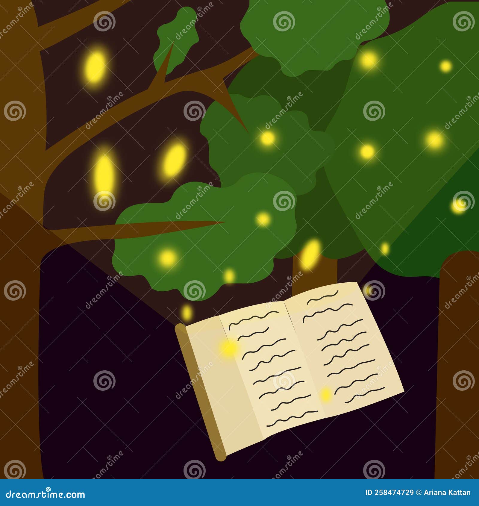 Night Enchanted Garden with Forest Tree, Lights and Magic Book Stock ...